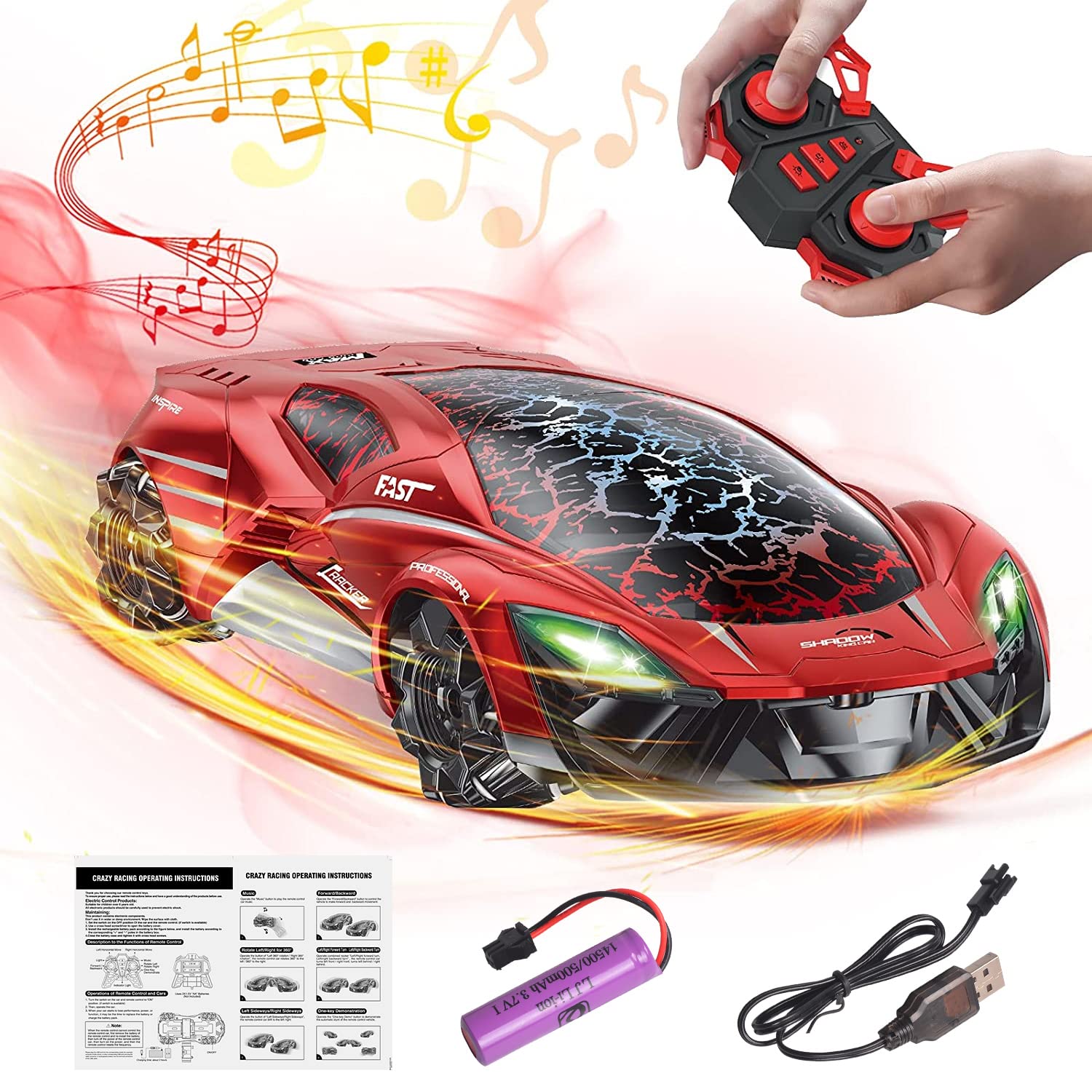 JELOSO Remote Control Car, 4WD 2.4GHz Fast RC Drift Stunt Race Car 360°Rotating Hobby RC Sport Car with LED Lights & Music, Cool Vehicle Toys Birthday Xmas Gifts for Kids Boys Girls Age of 6-12