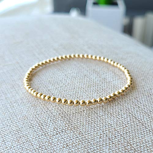 Anela 14kt Gold Filled Bracelet, 3mm Gold Filled Beads, Stretch and Stackable, Waterproof to Swim or Shower, Dainty Woman Bracelet for Everyday Use, Stretch and Stackable, Hand Made in USA