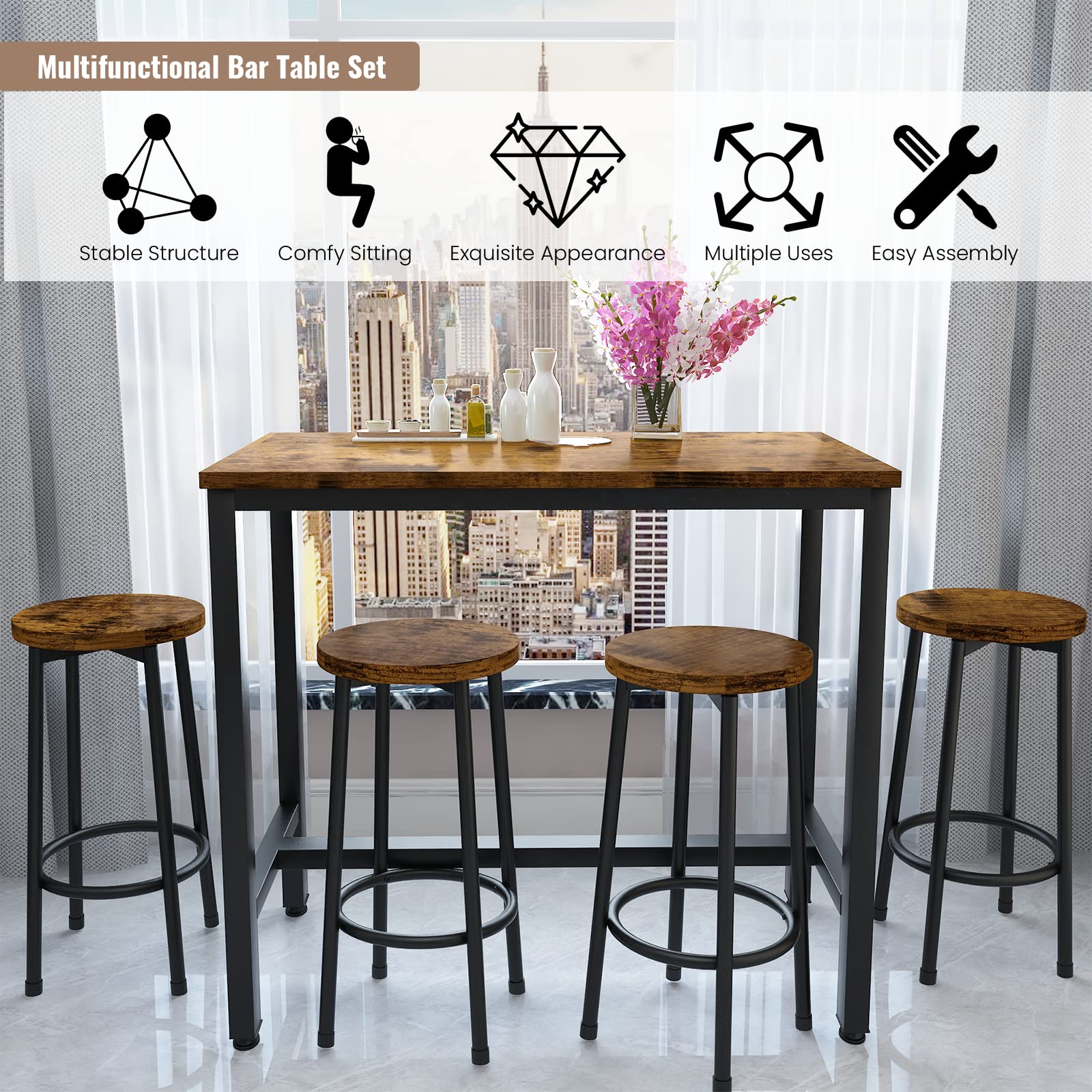 AWQM Pub Table and Chairs Set of 4, Industrial Counter Height Table with 4 Stools Small Dining Table Set for 4,Wooden Bar Table Set Dining Room Table Set for Small Spcae/Living Room,Rustic Brown