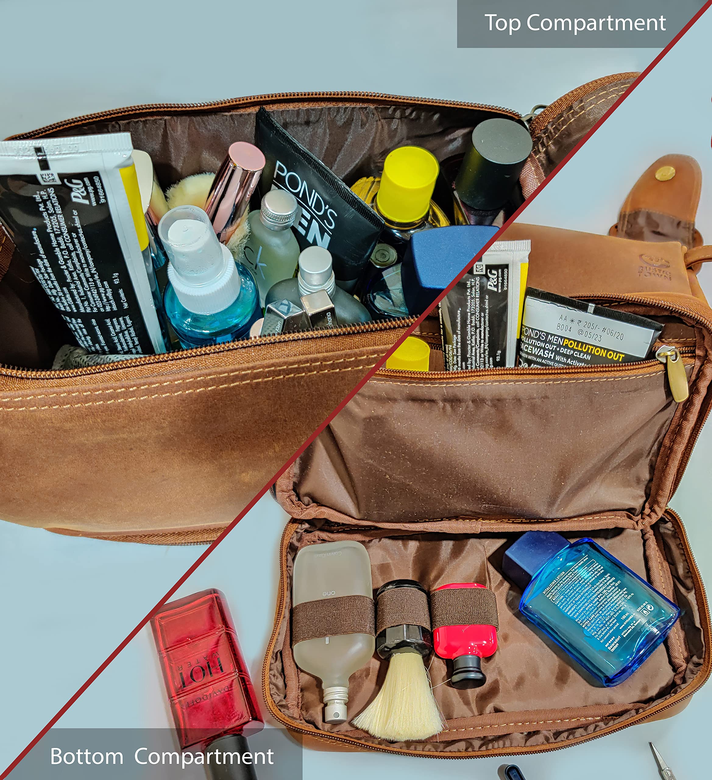 RUSTIC TOWN Genuine Leather Travel Toiletry Bag - Dopp Kit Organizer (Brown)