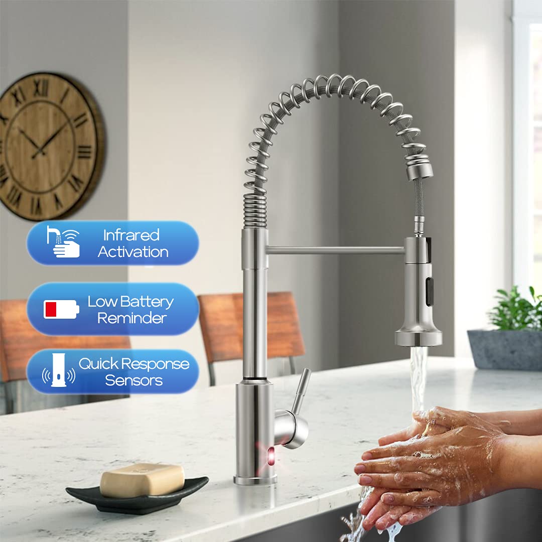 ARRISEA Touchless Kitchen Faucet with Pull Down Sprayer, Infrared Motion Brushed Nickel Spring Sink Faucets with 10'' Deck Plate, Single Handle Stainless Steel Sink Faucet Suit to 3 Holes Countertop