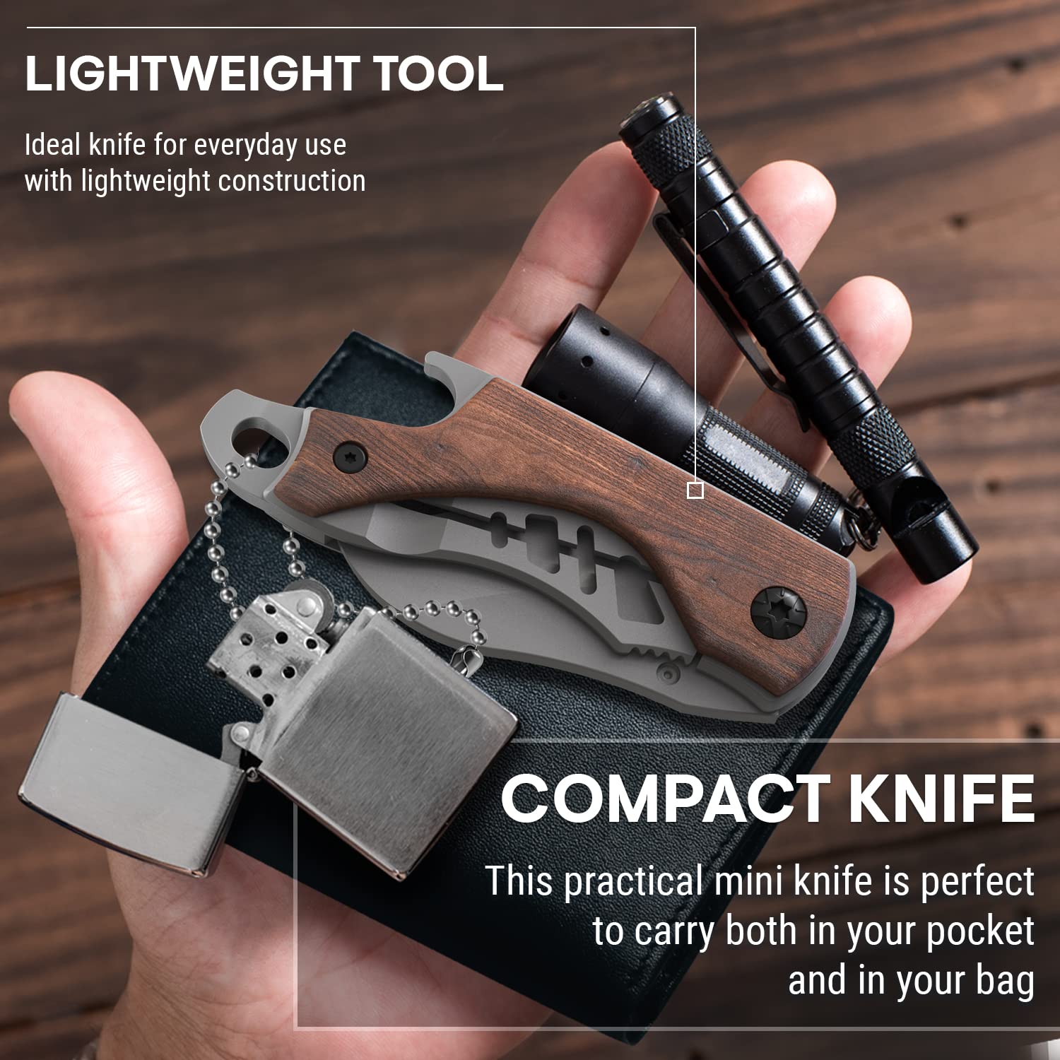 Small Pocket Knife for Men - 5.7ββ Keychain Knife with Bottle Opener - Box Cutter - Wood Handle - Liner Lock - Legal Mini EDC Folding Knife - Cool Sharp Tiny Knives - Gift for Everyone 6779N