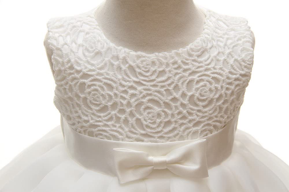 Meiqiduo Baby Girls Dresses Christening Wedding Pageant Bow Formal Dress Ivory White (6M/6-12months)