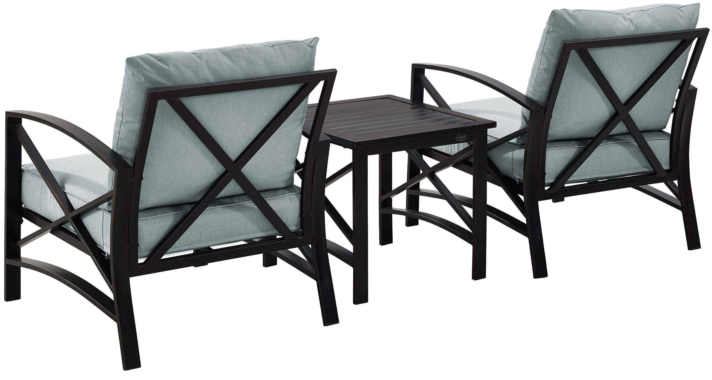 Crosley Furniture Kaplan 3-Piece Outdoor Chair and Side Table Set, Patio Conversation Sets for Porch, Deck, Oiled Bronze with Mist Cushions