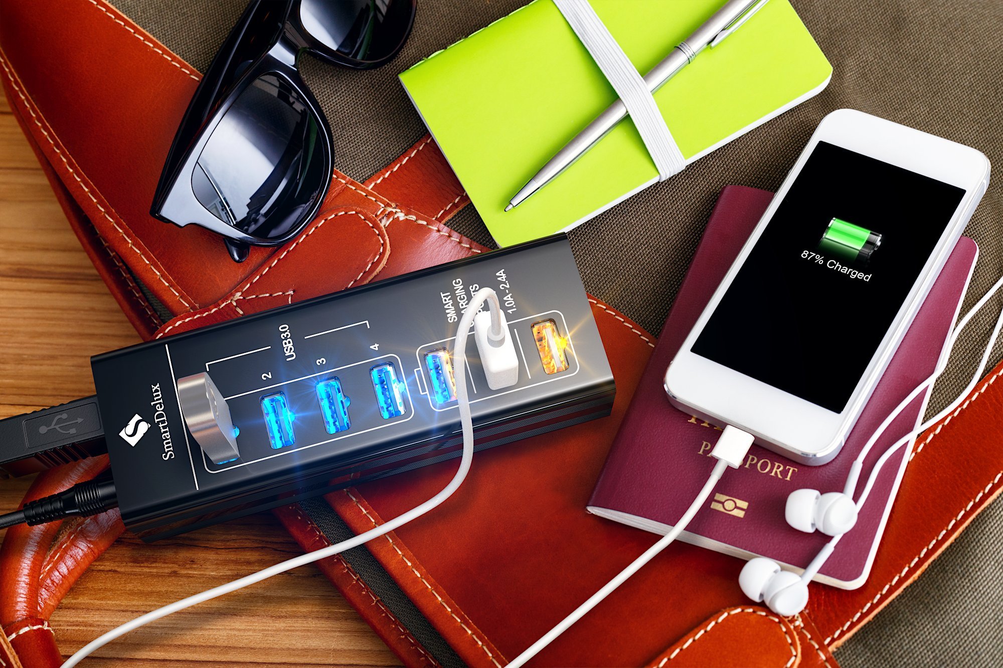 SmartDelux Powered USB Hub - USB 3.0 Ports Hub with 3 Smart Charging Ports, Power Adapter, Long Cord, LEDs (7-Port USB Hub)