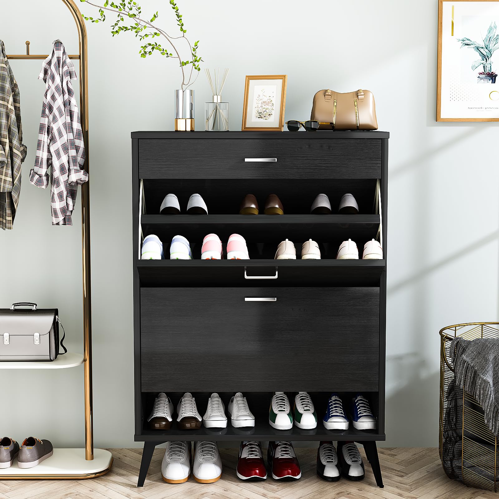 AWQM Shoe Cabinet, Improved Free Standing Shoe Storage Cabinet for Entryway, Modern Narrow Shoe Organizer Rack with 2 Flip Cabinets and Open Shelves- Black