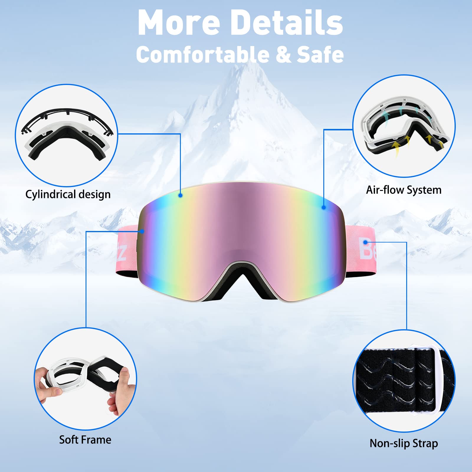 Beyoitz Cylindrical Ski Goggles OTG Snow Goggles Anti-fog Snowboard Goggles For Men Women Adults