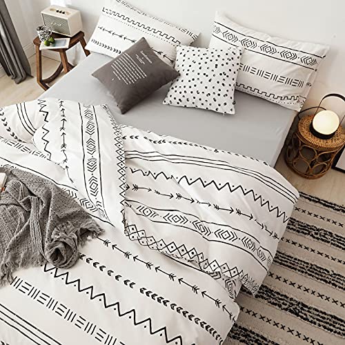 iyoimono Queen Size Duvet Cover Set Black Stripe and White Boho Geometric Bedding Set Reversible Quilt Comforter Cover with Zipper Closure (1 Duvet Cover 230x230cm+2 Pillow Shams 51x76cm)