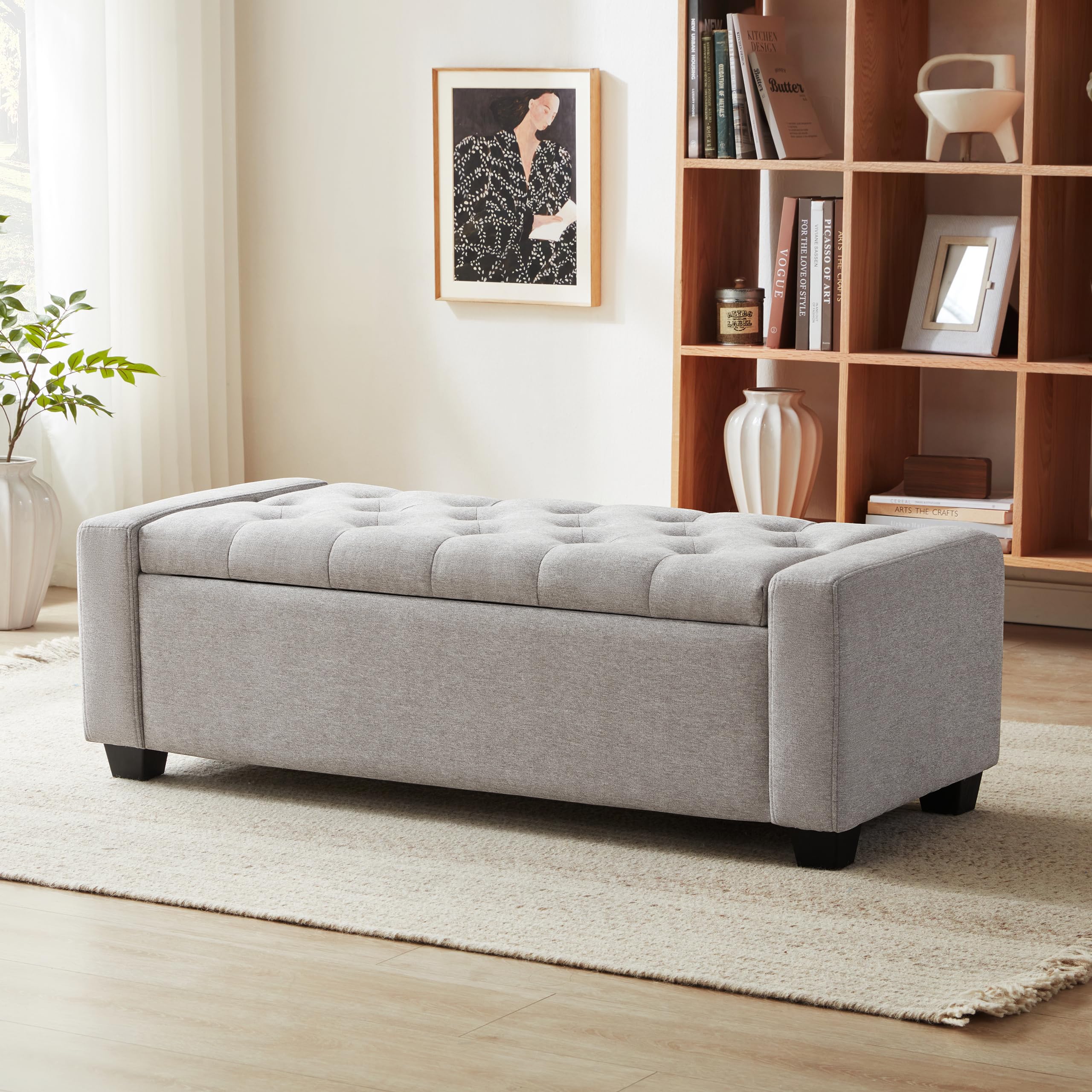 Huatean Home Ottoman with Storage, Storage Ottoman Bench with Safety Hinge, Upholstered Storage Bench with Seating for Bedroom, Living Room, Holds up to 330 lb(Light Gray)