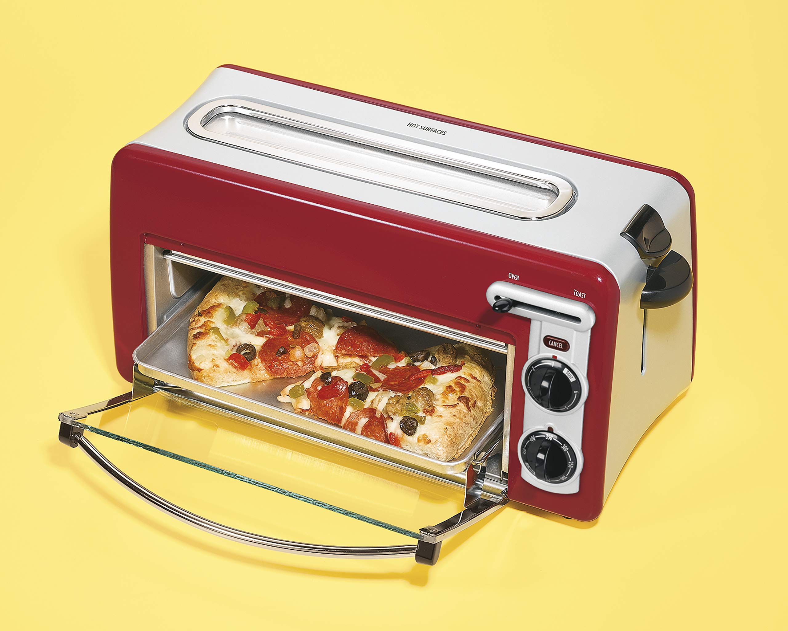 Hamilton Beach Oven with 2-Slice Toaster Combo, Ideal for Pizza, Chicken Nuggets, Fries and More (22703H), Red