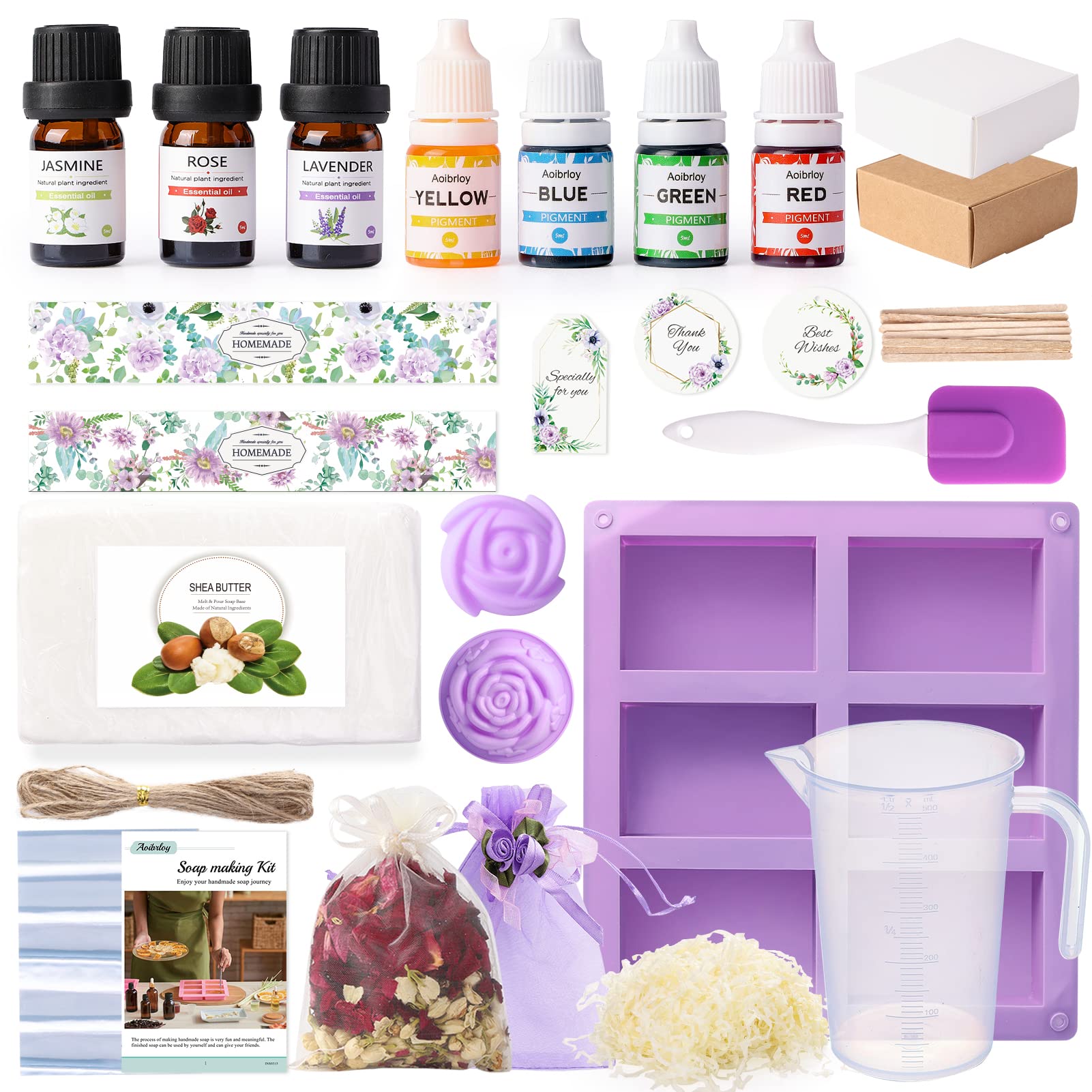 Aoibrloy Soap Making Kit for Adults, DIY Soap Making Supplies Kit with Silicone Rectangular Soap Making Molds, 2lbs. Shea Butter Soap Base