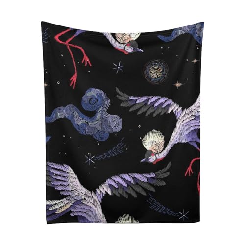 AuHomea Crane Birds and Night Sky Throw Blanket Lightweight Flannel Fleece Blankets Warm and Cozy Super Soft Throws 30"x40" for Cat Pet and Babies
