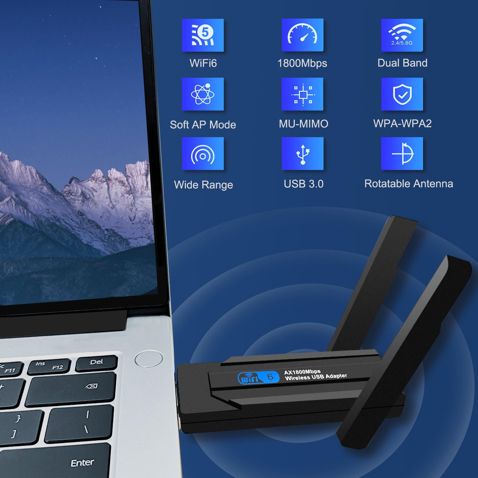 AX1800 WiFi 6 USB Adapter for Desktop PC, USB 3.0 WiFi Dongle Dual Band Wireless Network Adapter with with 2.4GHz, 5GHz High Gain Dual Band 5dBi Antenna, Supports Windows 11/10/8.1