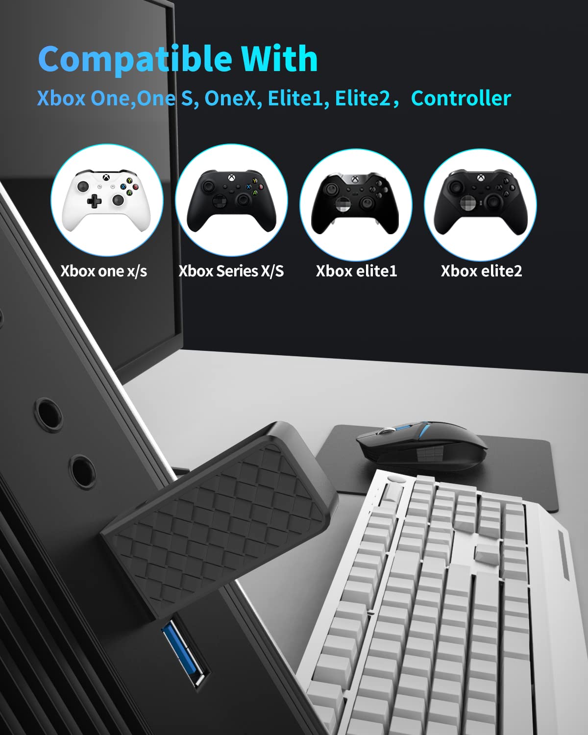 AOJAKI Wireless Adapter for Xbox One, Gamepad Computer PC Receiver Adapter Compatible with Xbox One, One S, One X, Elite 1, Elite 2 Controller, Suitable for PC, Laptops, Tablets, Windows 7 8 10 11.