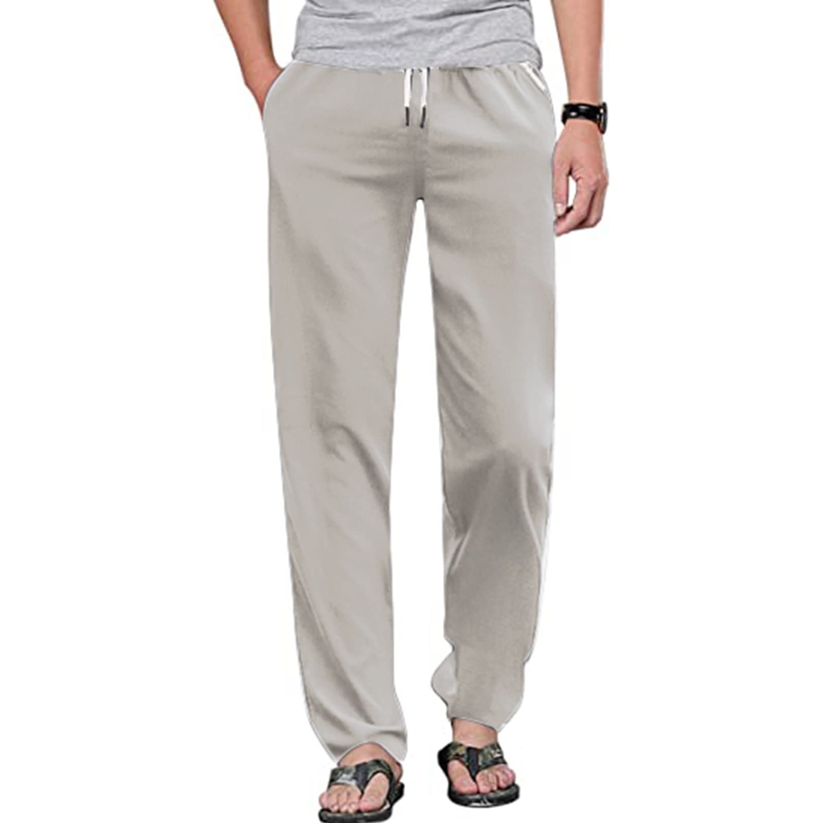 Angbater Men's Cotton Casual Drawstring Pants Lightweight Yoga Beach Loose Trousers Khaki