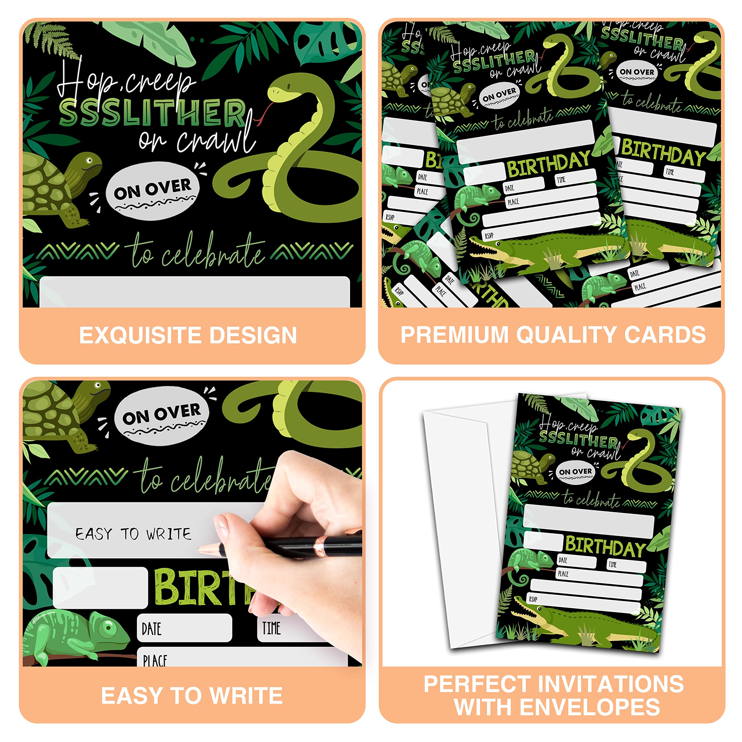 YQV Reptile Birthday Party Invitations, 20-Count Snake Lizard Crocodile Theme Birthday Party Invites With Envelopes-HBYQK-B36