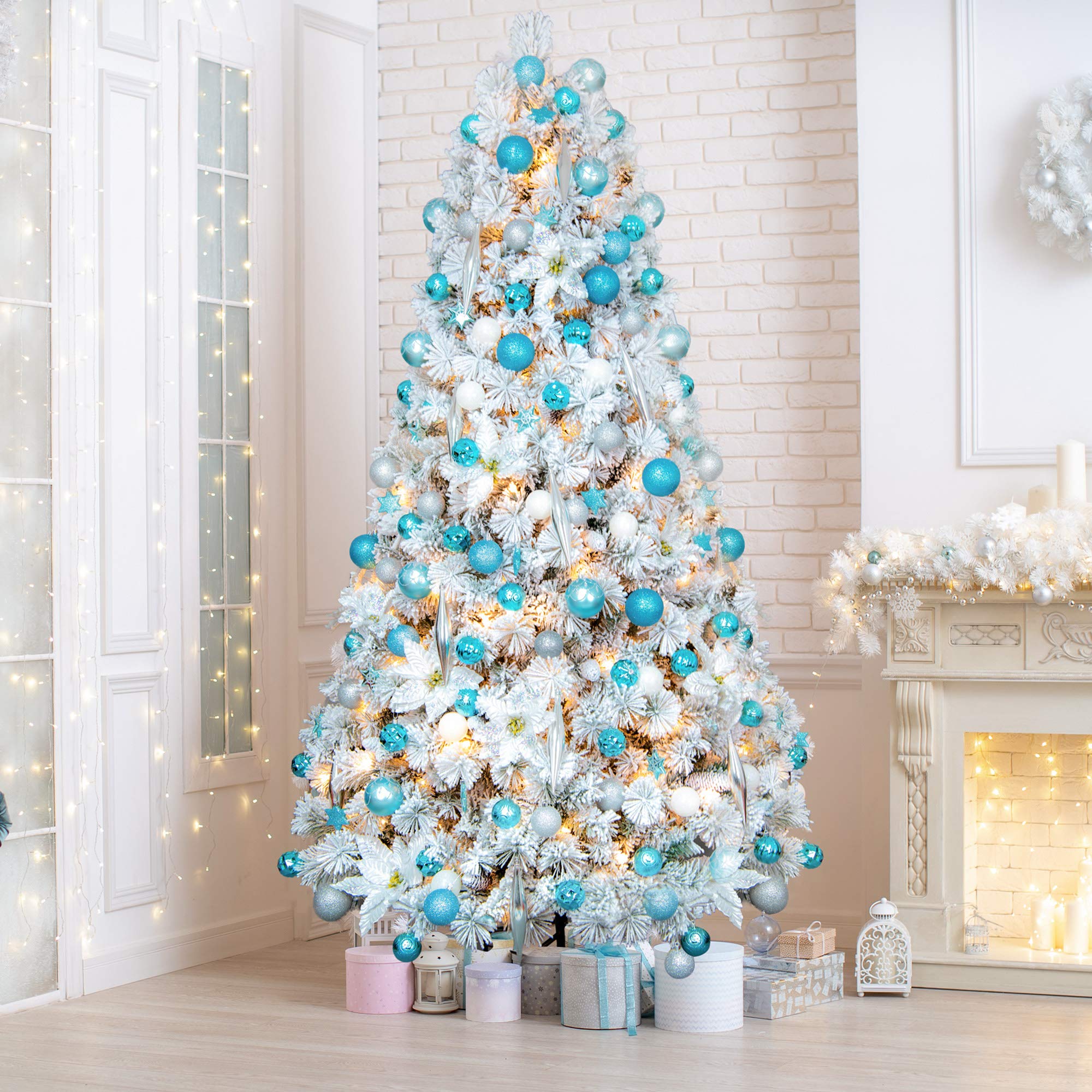 AMERZEST Spruce 6ft Pre-Lit Snow Flocked Christmas Tree,300 Warm Lights,Artificial Trees Pinecone Decor…