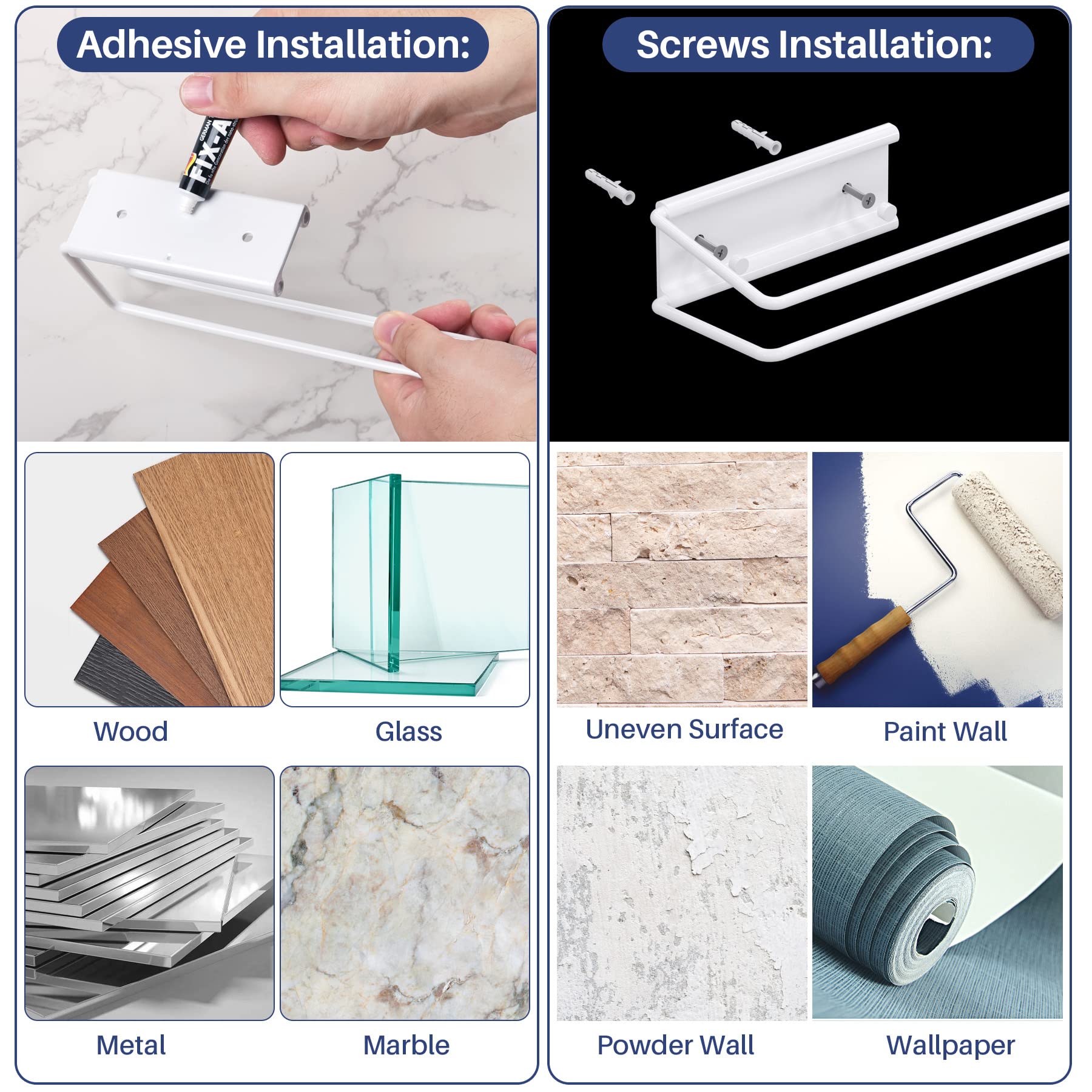 Antimbee Under Cabinet or Wall Mount Paper Towel Holder, 2 Mounting Types Adhesive/Screws, Stainless Steel Paper Towels Rolls Rack with Matte White Finish