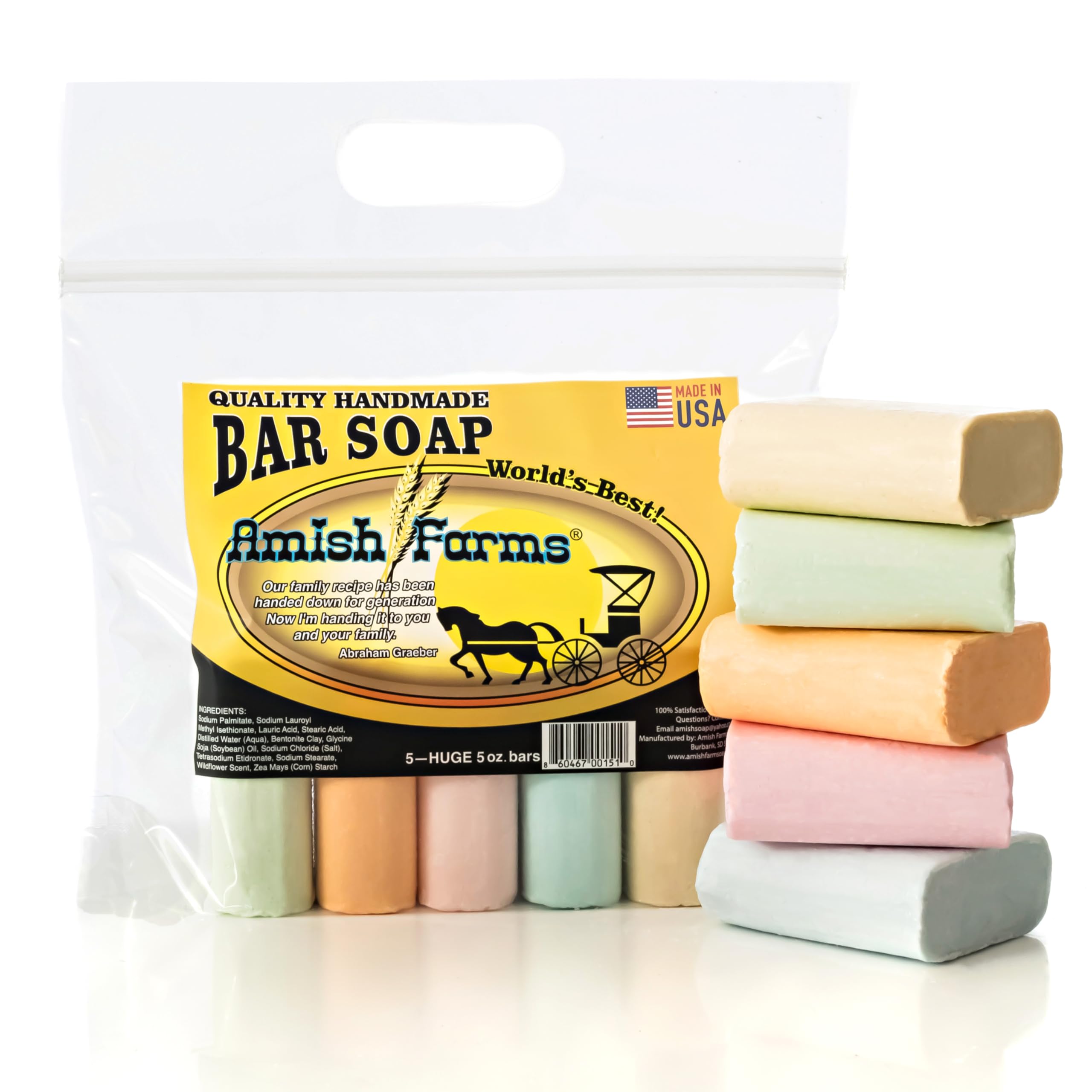 Amish Farms Original Recipe All Natural Soap Bar - Made in USA, Handmade, Vegan Moisturizing for Sensitive Skin - Women & Mens Bar Soap or Mens Soap - Wildflower Scent 5 Oz Each (5 Bars) Colors Vary