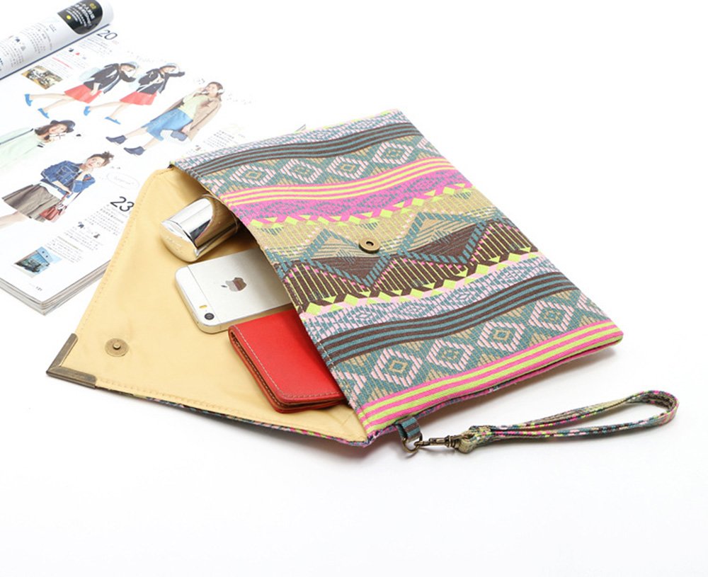 DukeTea Bohemian Oversized Clutch Purse, Large Canvas Envelope Evening Wristlet Bag Pink