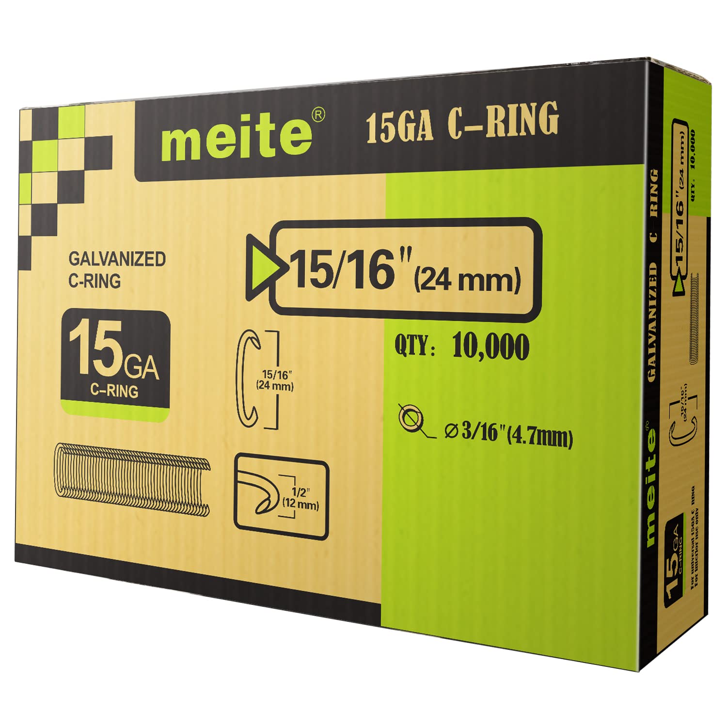 meite SC7 15 Gauge C Ring Staples 3/4" Inner Crown 15/16" (24 mm) Outer Crown Galvanized C Ring Fasteners for C Ring Pliers 10,000 PCS/Box (1 Box)