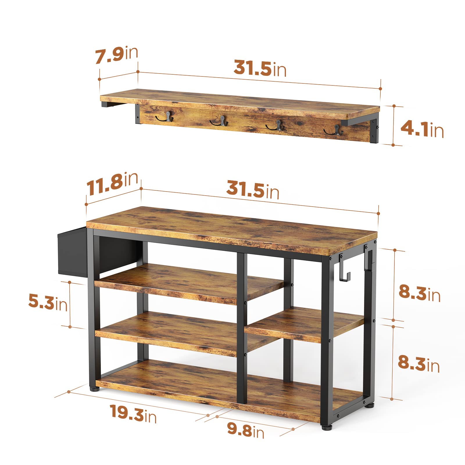 Aiho Hall Tree Shoe Bench with Storage, 4 in 1 Coat Rack Set, Industrial Bench with 4 Hooks, 5 Storage Shoe Cubbies, for Entryway, Hallway, Rustic Brown