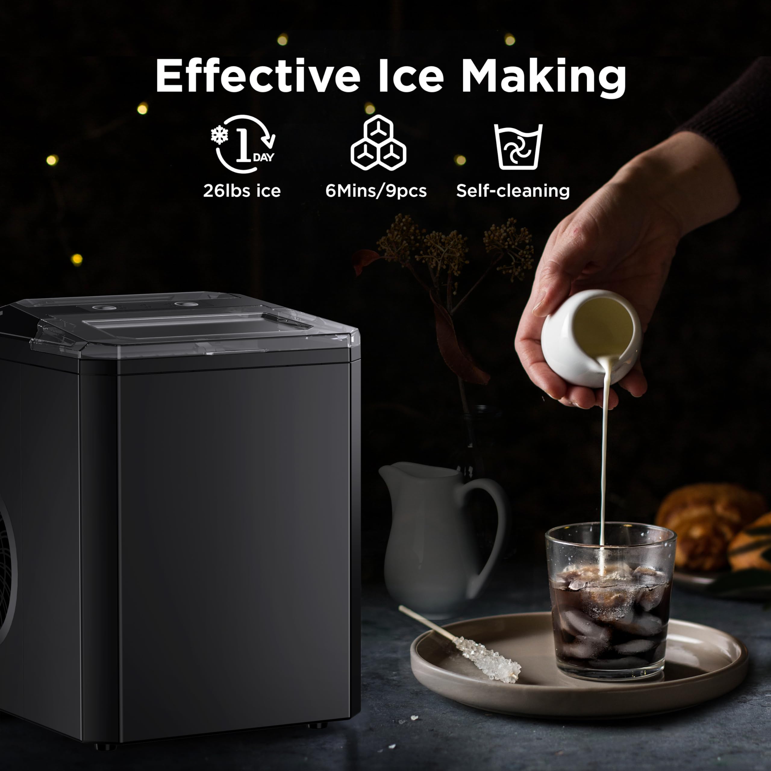 BEBISUNY Countertop Ice Maker, 9 Cubes Ready in 6 Mins, 12KG in 24Hrs, Self-Cleaning Ice Machine with Ice Scoop and Basket, 2 Sizes of Bullet Ice for Home Kitchen Office Bar Party, Black
