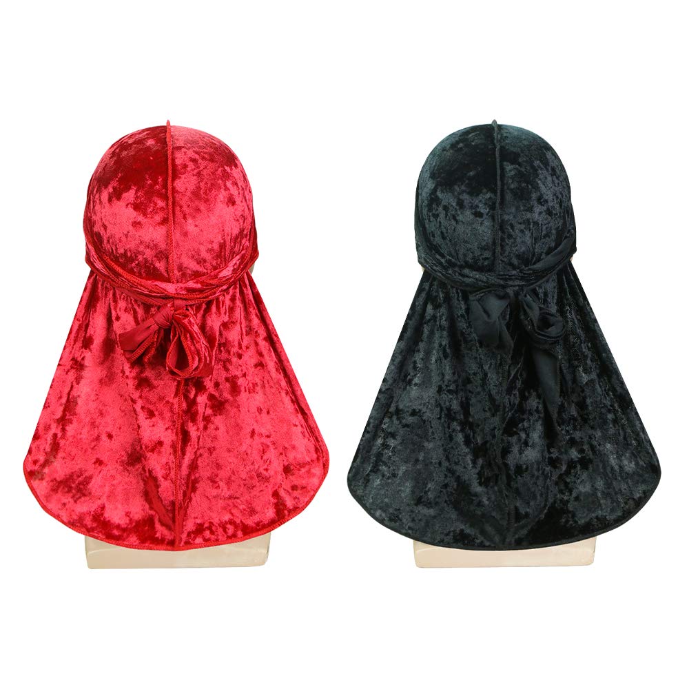 ASHILISIA 2 PCS Crushed Velvet Wave Durag – Premium Soft Durag Headwear with Extra Long Tail Perfect for 360 Waves