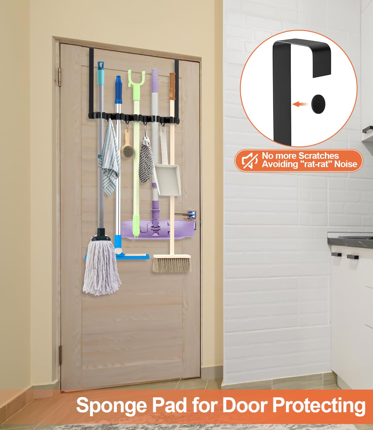 Broom Holder Over The Door Drilling Free Mop and Broom Holder with 4 Over Door Hook, Metal Mop and Broom Holder Wall Mount Broom Storage Tool Organizer for Laundry Room Garage Kitchen Bathroom