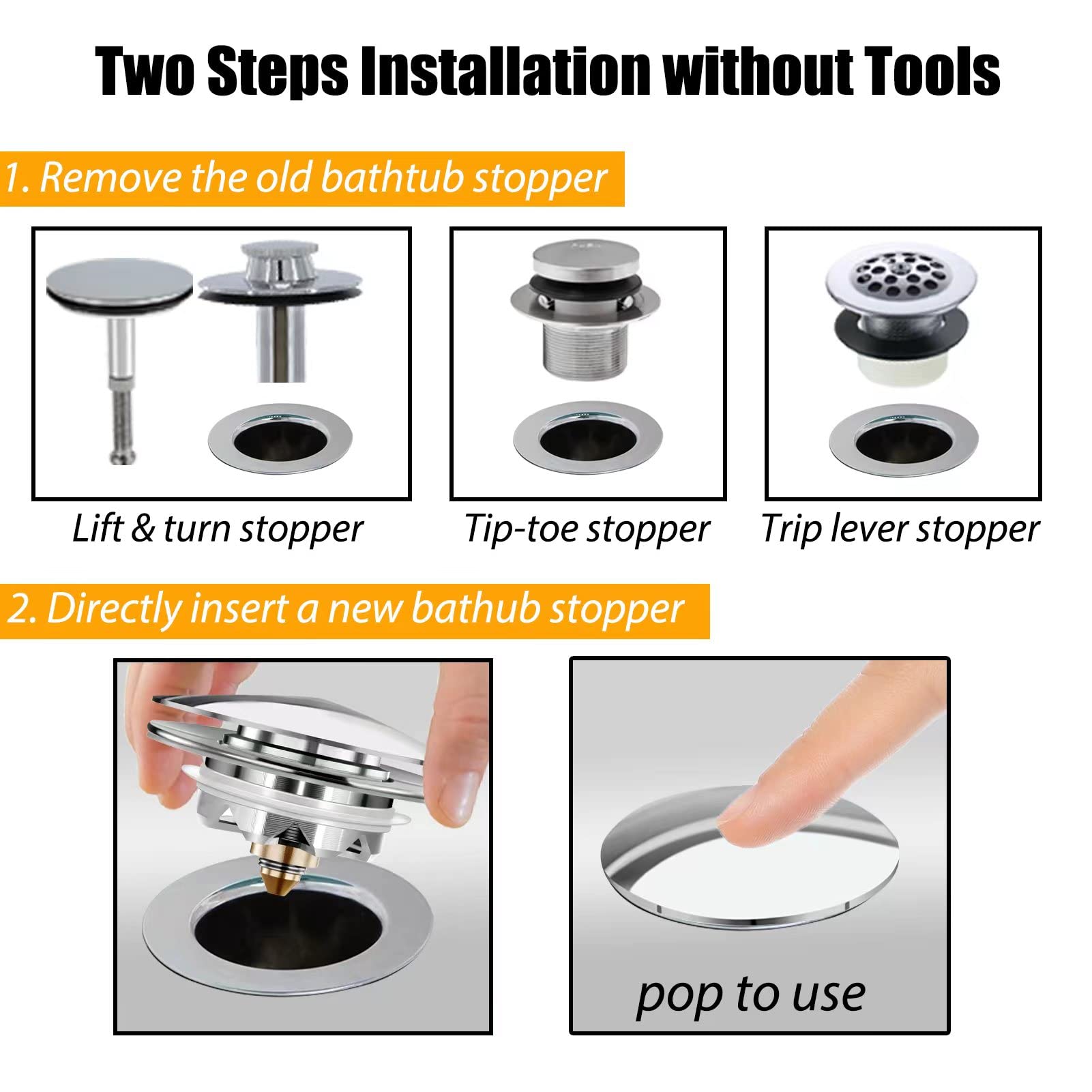 Anlige Universal Tub Stopper Bathtub Drain, Pop Up Bathtub Drain Plug and Cover, Replaces Bath Tub Lift and Turn, Tip-Toe and Trip Lever, Easy to Install and Clean, All Brass Plating Process