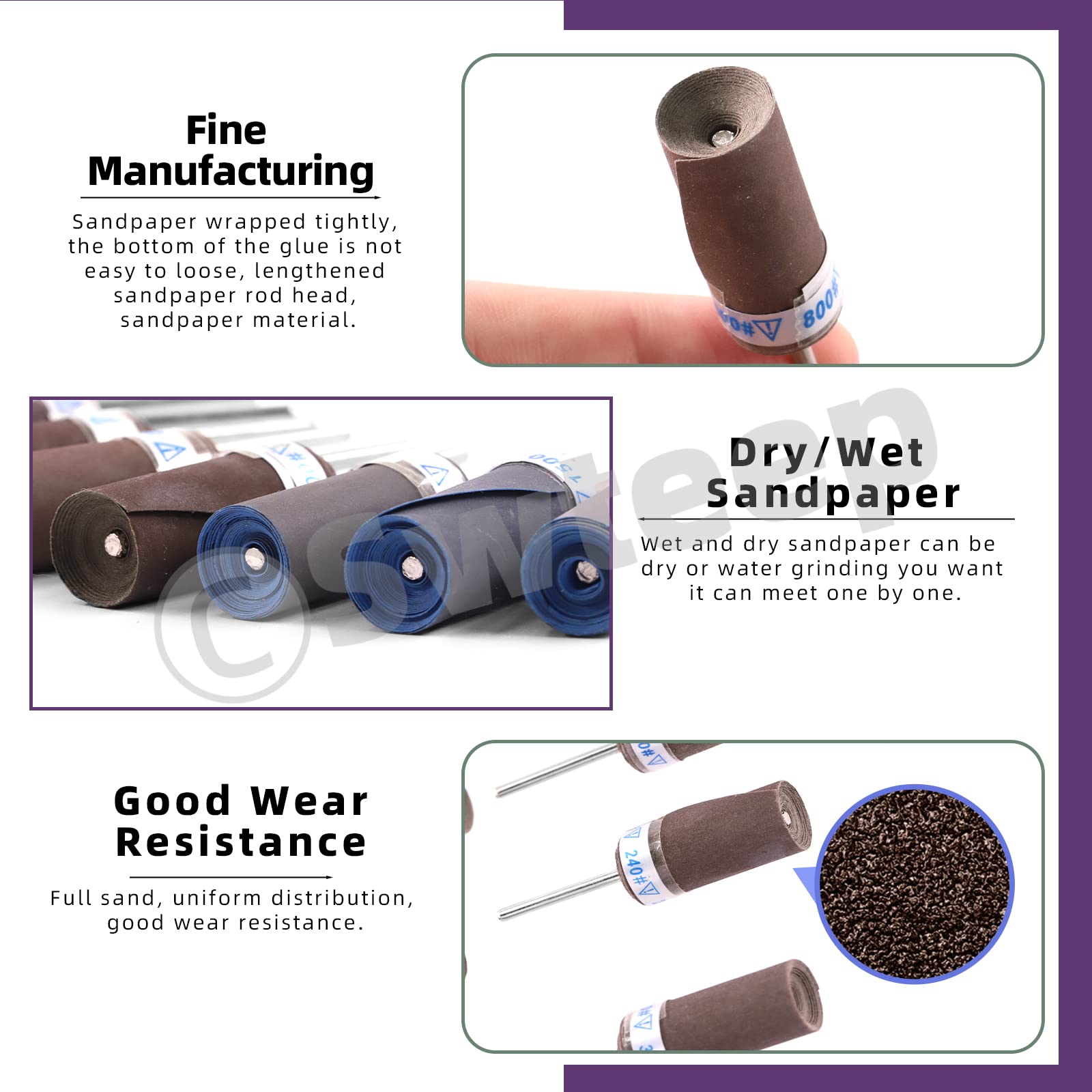 Swpeet 10 Pcs Sanding Drums Sleeves Kit, 180-2500 Grit Sandpaper Grinding Head Sandpaper Bar Stick, Abrasives Cartridge Rolls, Polishing Burr Stick Roller Sanding Tool, Woodworking Polishing Tool