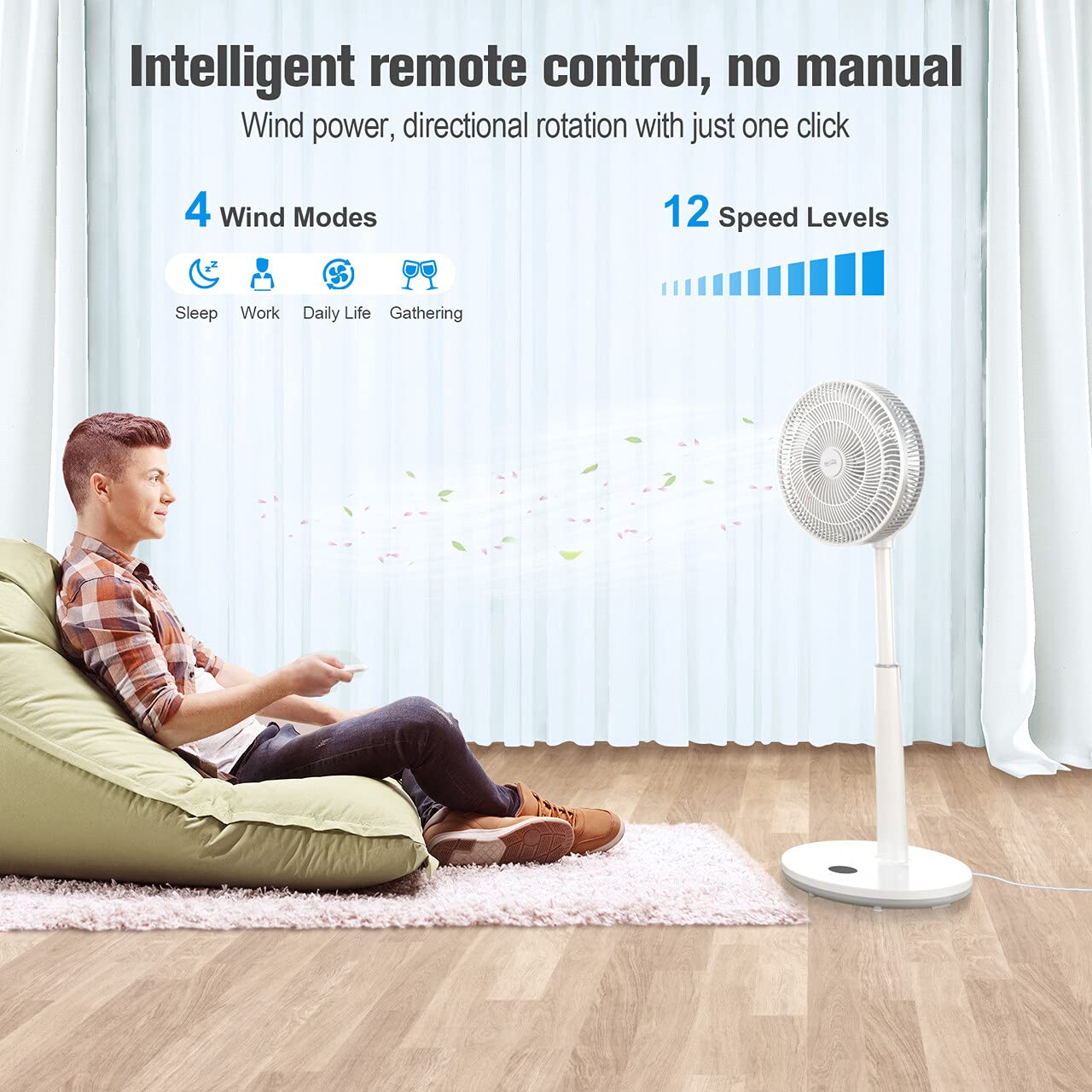 Housmile Oscillating Fan, 12 inch Quiet Standing Fan, Adjustable Height 3 Wind Modes 12 Speed and 9-Hour Timer Floor Fan with Remote, Pedestal Fan for Home Bedroom