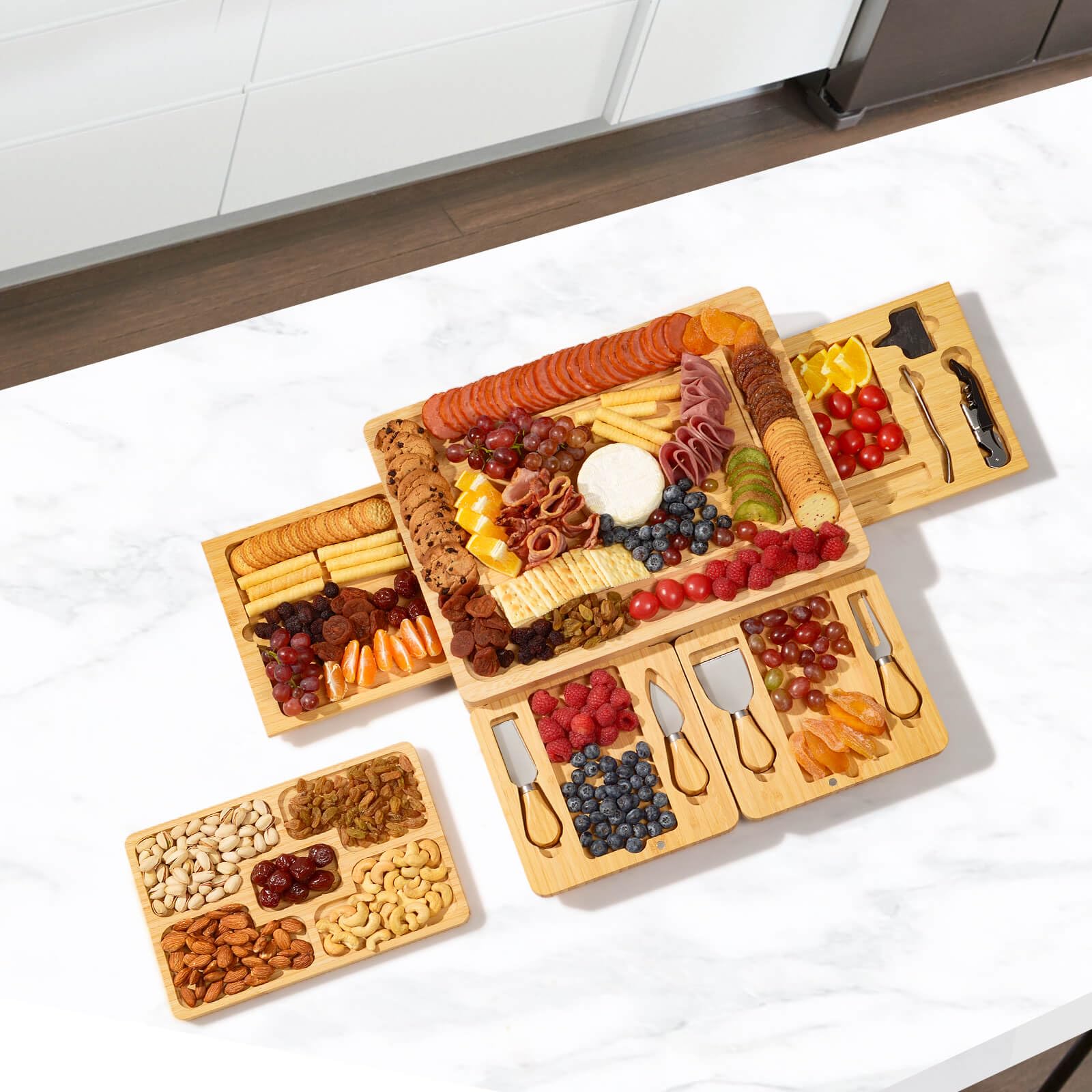 Large Charcuterie Boards Set for Cheese - Bamboo Cheese Board and Knife Set with Extra Cheese Platter, Charcuterie Board Cheeseboard Cheese Plate for Christmas Wedding Housewarming Gifts