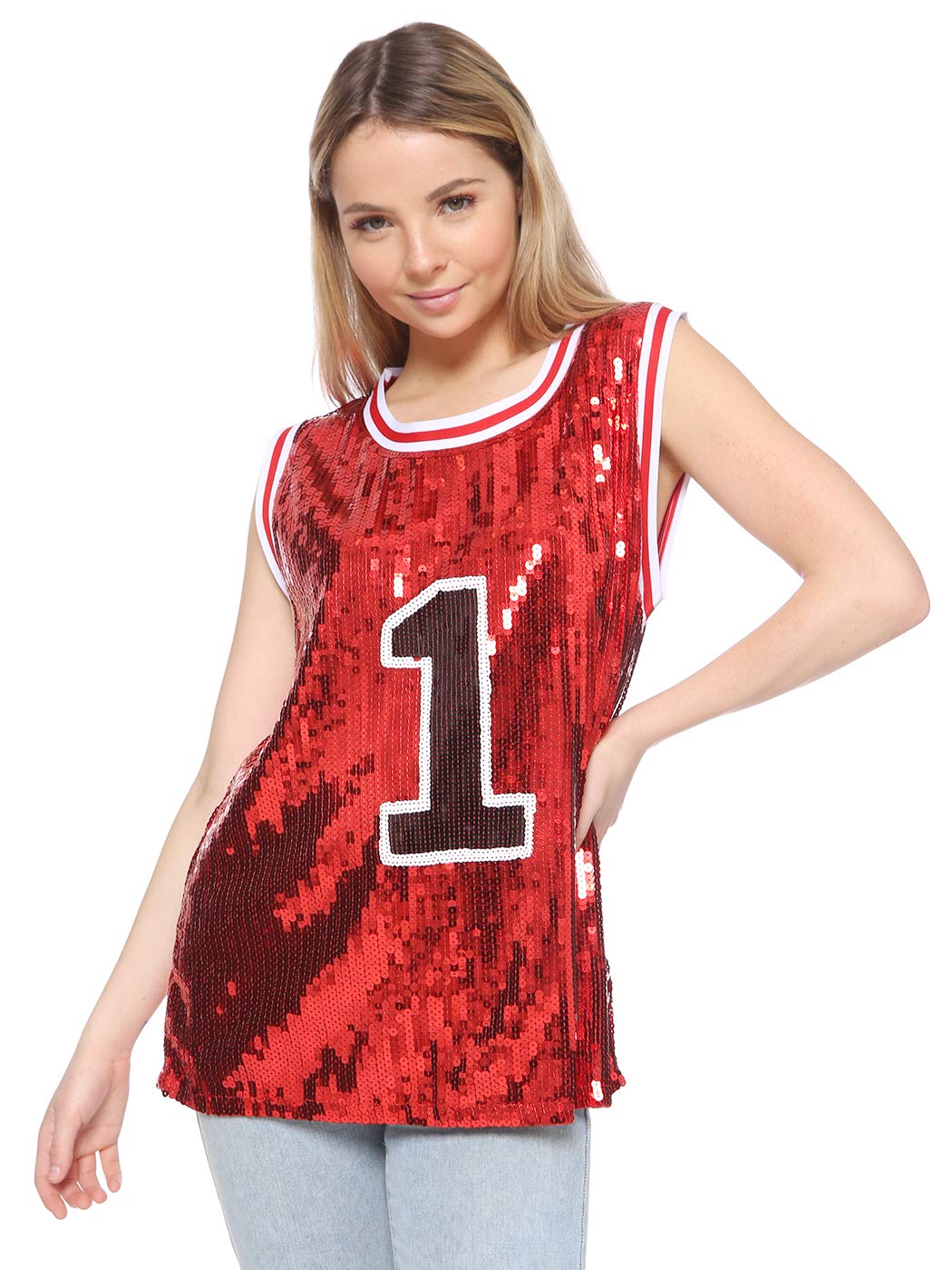 Anna-Kaci Sparkle Glitter Hip Hop T-Shirt Top Tunic Basketball Sequins Tank Vests, Red, Large