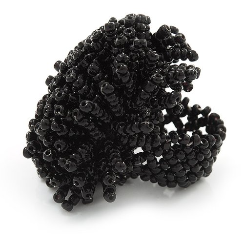 Avalaya Large Black Glass Bead Flower Stretch Ring