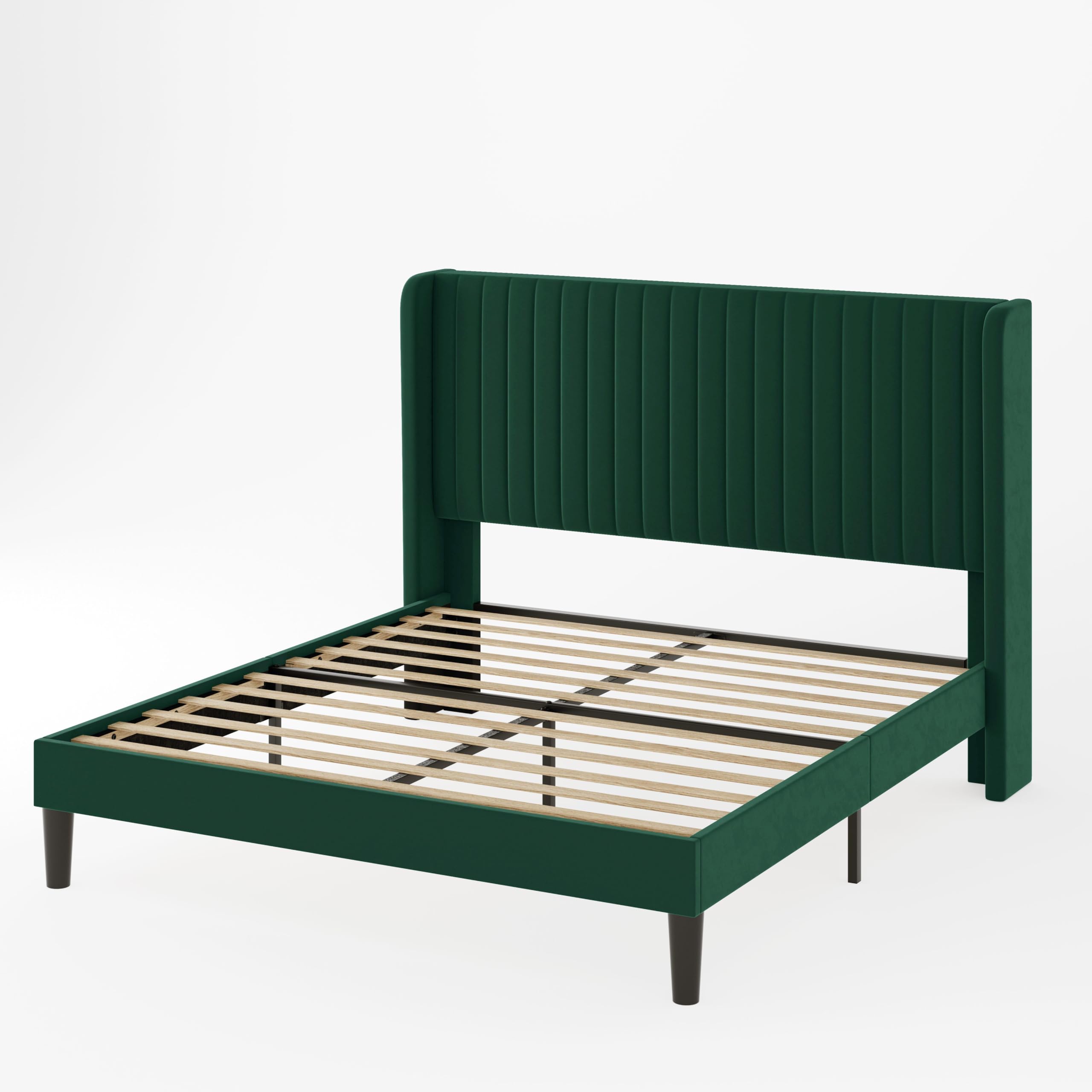 Allewie Queen Size Bed Frame/Velvet Upholstered Platform Bed/Vertical Channel Tufted Wingback Headboard/Strong Wooden Slats/No Box Spring Needed/Easy Assembly/Green