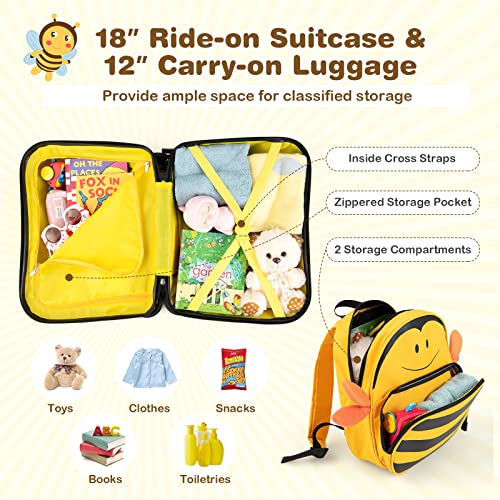 BABY JOY 2PC Kids Luggage Set, 4 in 1 Toddler 18β Ride-on & Carry-on Hardshell Suitcase with Wheels, Anti-Lose Rope, 12β Backpack Set, Lightweight Travel Rolling Trolley for Boys Girls (Cute Bee)