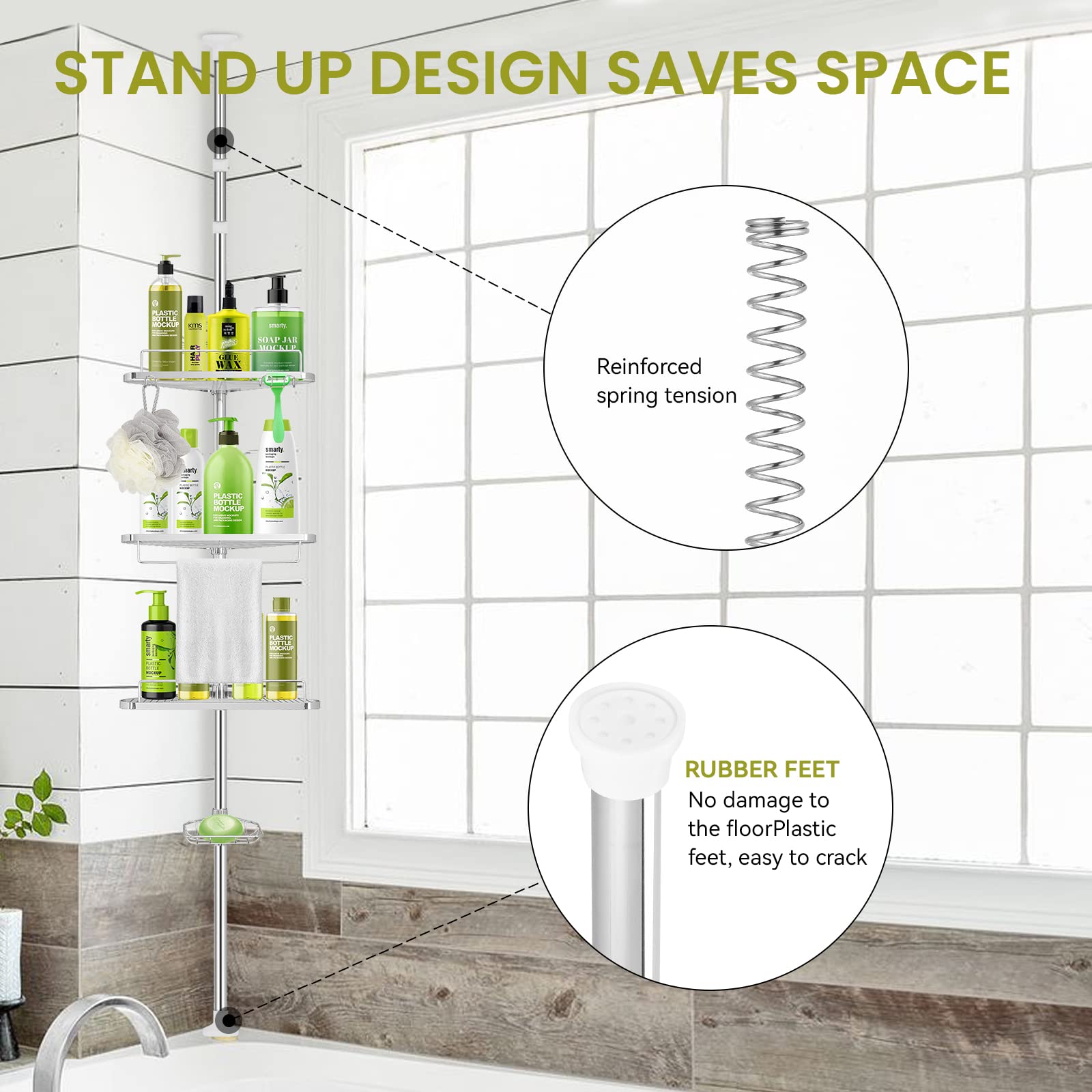Shower Caddy Tension Pole 4-Tier Adjustable Rustproof Stainless Steel Corner Shower Caddy Tension Pole Drill-Free Standing Shower Tension Rod Organizer for Bathtub Shampoo Storage, 59 To 110 Inch