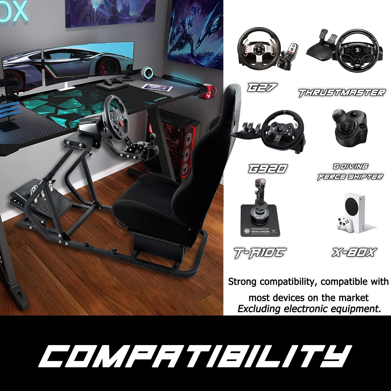 Anman Foldable Simulator Cockpit with Seat fit for Logitech/Thrustmasterg23/Fanatec g25,g923,g920,G PRO,T-GT,T248x,T80,T300RS,V9 V12,Height Classic Square Racing wheel Stand,NOT Include Electronics