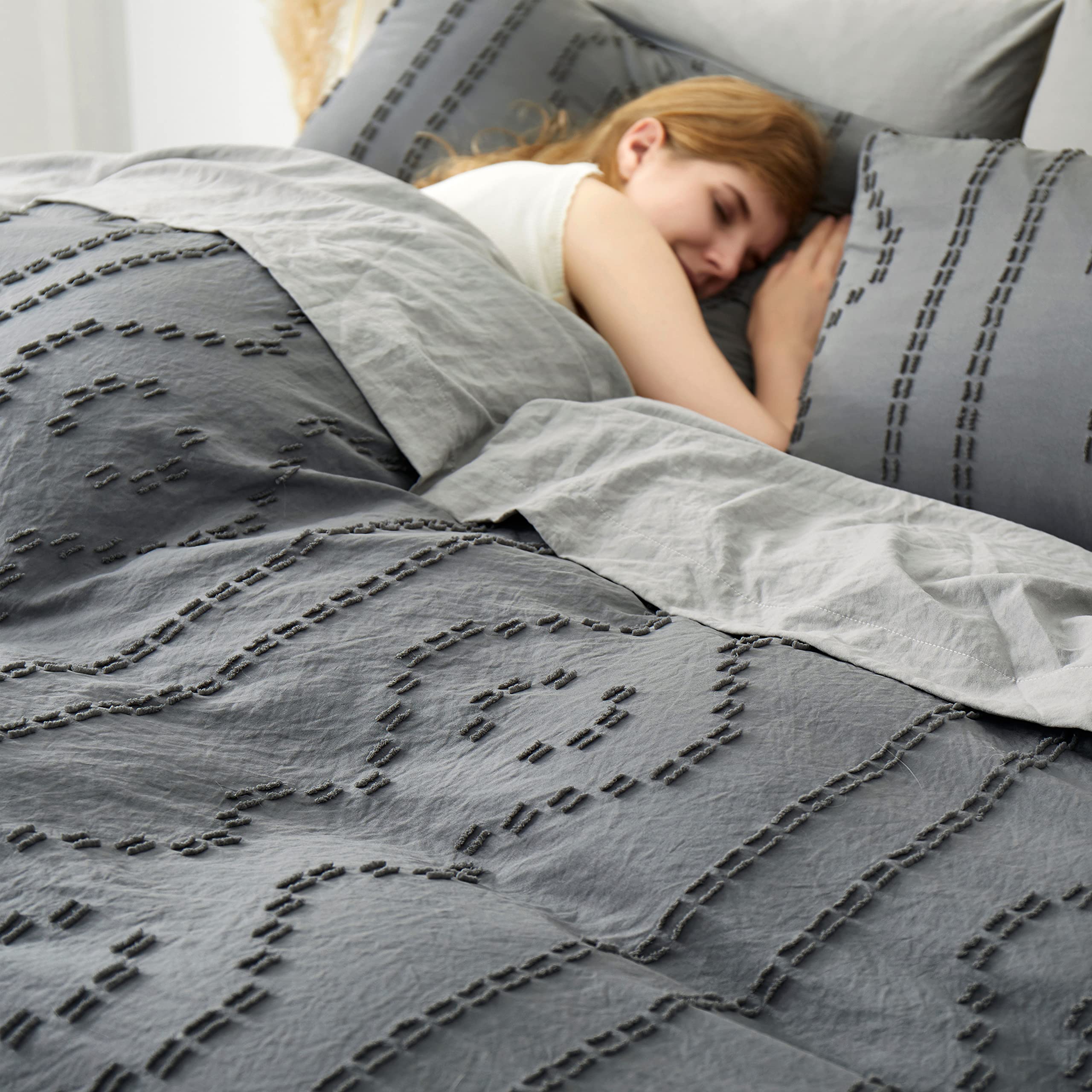 BEDAZZLED Duvet Covers King Size,3pcs Soft and Embroidery Shabby Chic Boho Bedding Sets,100% Washed Microfiber Tufted Comforter Cover Set,Dark Grey