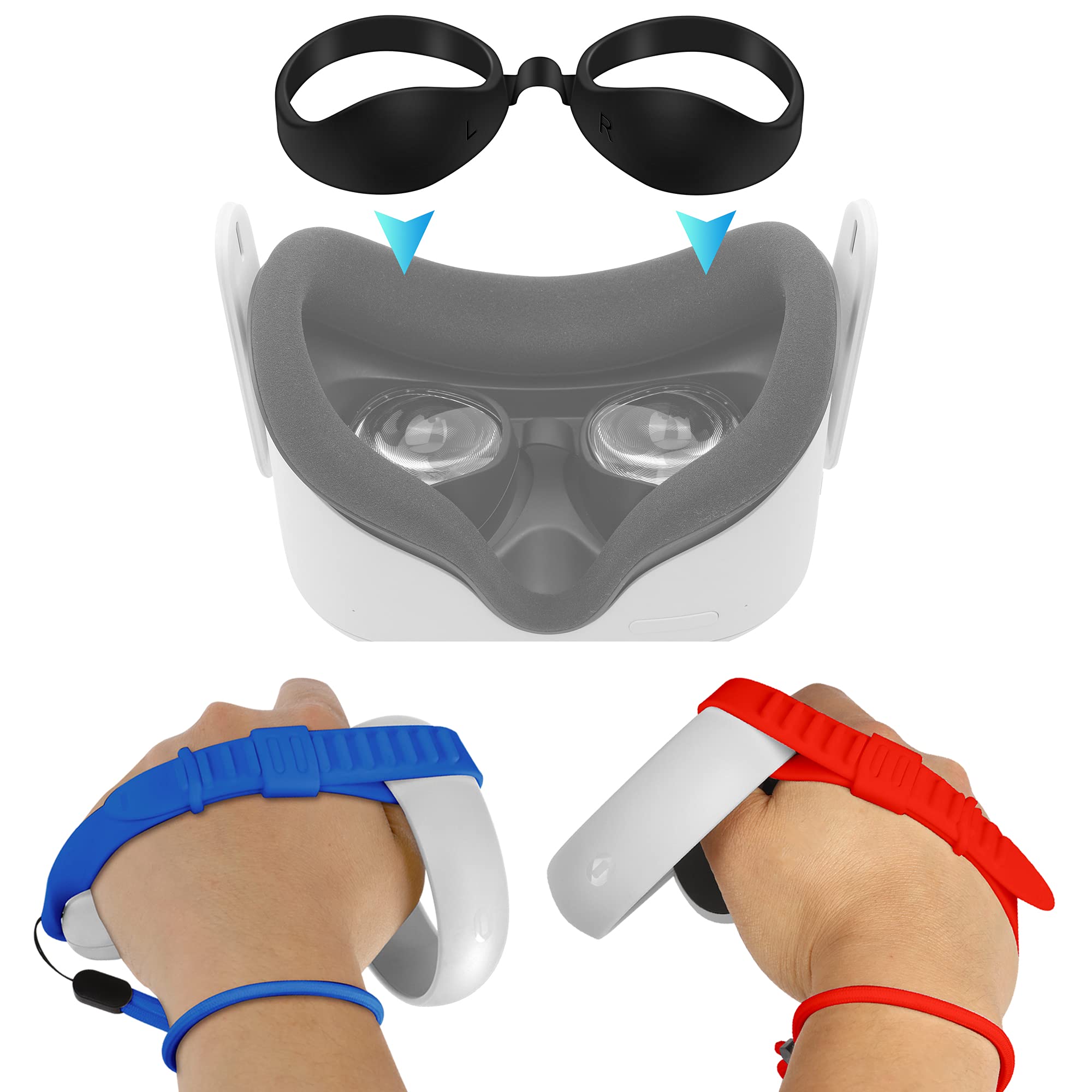 Anti-Leakage Light Blockers and Adjustable Silicone Knuckle Straps for Oculus Quest 2 Controllers Fit Pack Accessories by X-super Home (Blue+Red)