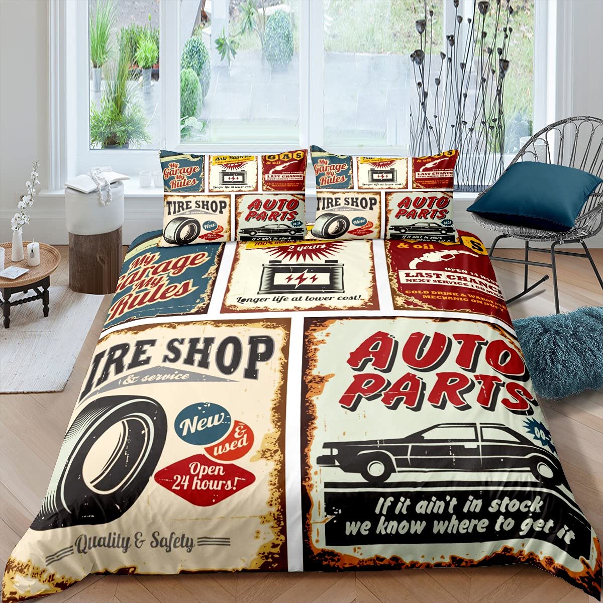 Erosebridal Vintage Car Signs Comforter Cover for Boys, Automobile Pattern Duvet Cover, Repair Vehicle Garage Bedding Set Queen Size for Kids Girls Teens, Classics Servicing Quilt Cover Bedroom Decor