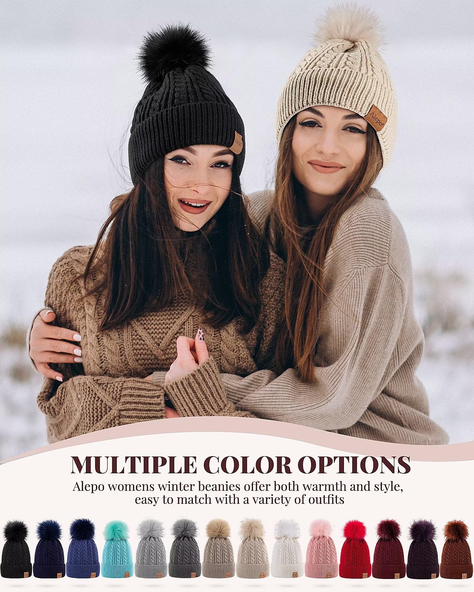 Alepo Womens Winter Beanie Hat, Warm Fleece Lined Knitted Soft Ski Cuff Cap with Pom Pom(Beige)