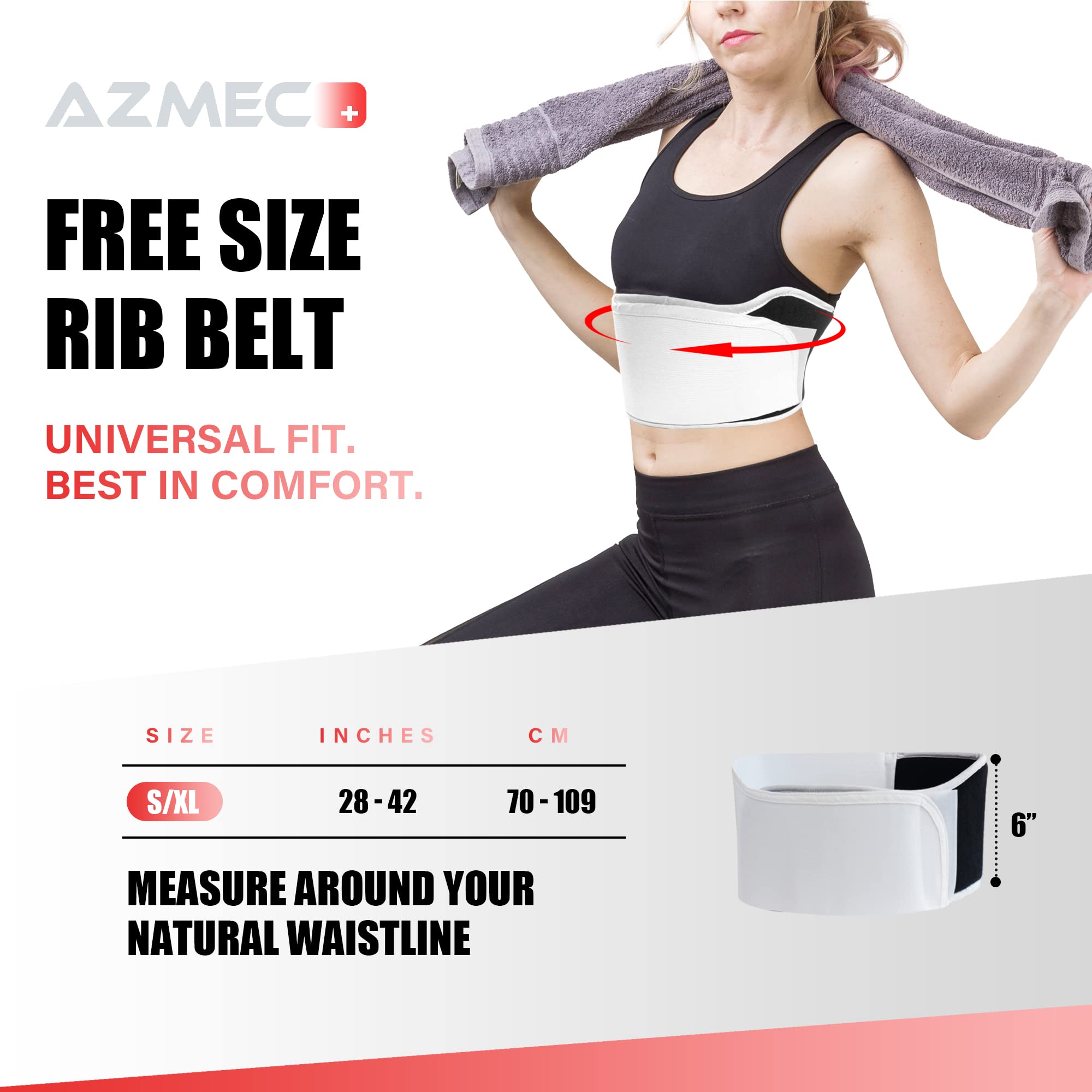 Azmec Rib Belt, 6" Elastic/Foam Chest Panel Universally Adjustable for Women, Rib Cage Protector, Wrap for Sore or Bruised Ribs, Support Sternum Injuries, Muscle Pain and Strain (Fits 26β- 40β Chest)