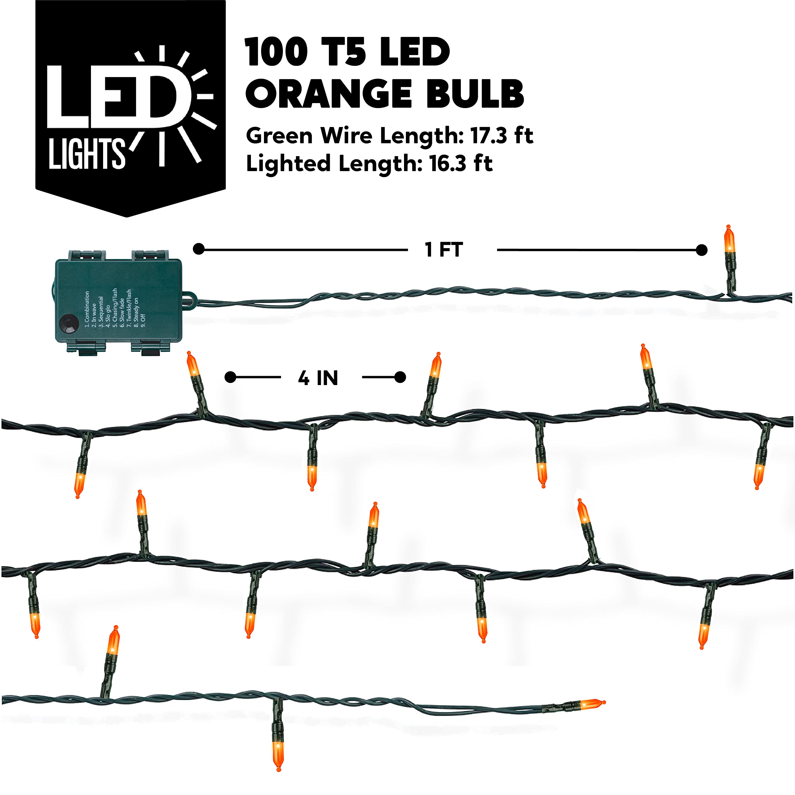 JOIEDOMI 100 (2x50) LED Halloween String Lights 32.6FT (2x16.3) Green Wire for Indoor Outdoor Holiday Décor Halloween Event Decoration, Tree, Eaves, Haunted House Theme Party (Orange)