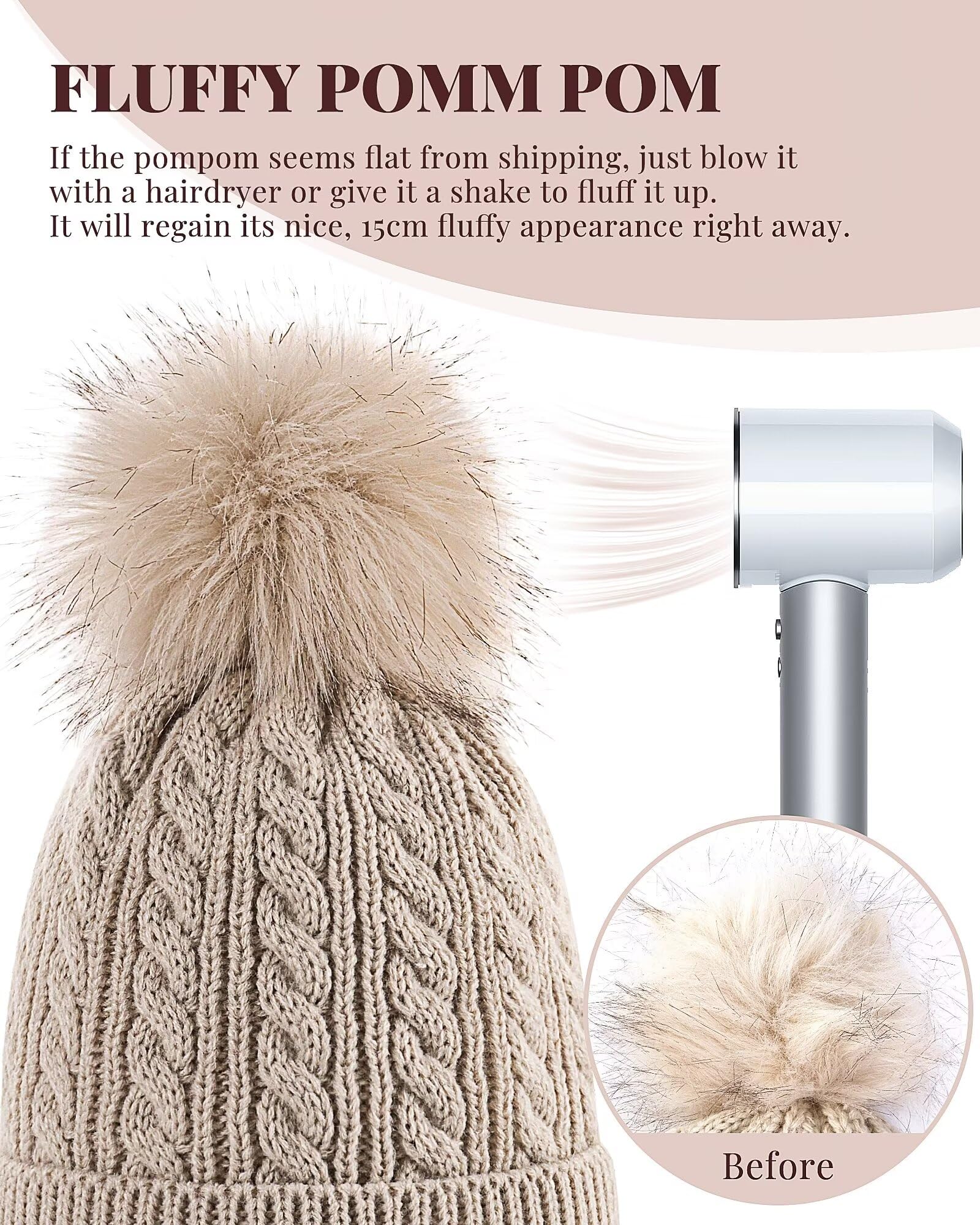 Alepo Womens Winter Beanie Hat, Warm Fleece Lined Knitted Soft Ski Cuff Cap with Pom Pom(Black+Oatmeal)