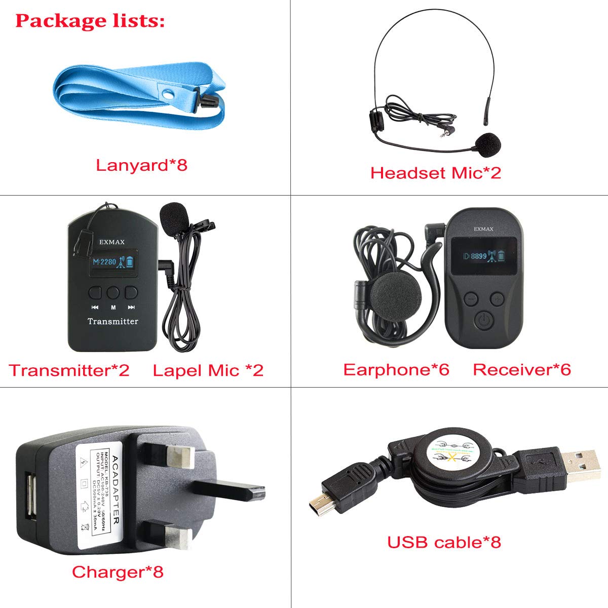 EXMAX EXD-101 2.4GHz Wireless Language Interpretation System Audio Visual Voice Acoustic Transmission for Church,Teaching,Translation,Training,VIP Reception(2 Transmitters 6 Receivers)