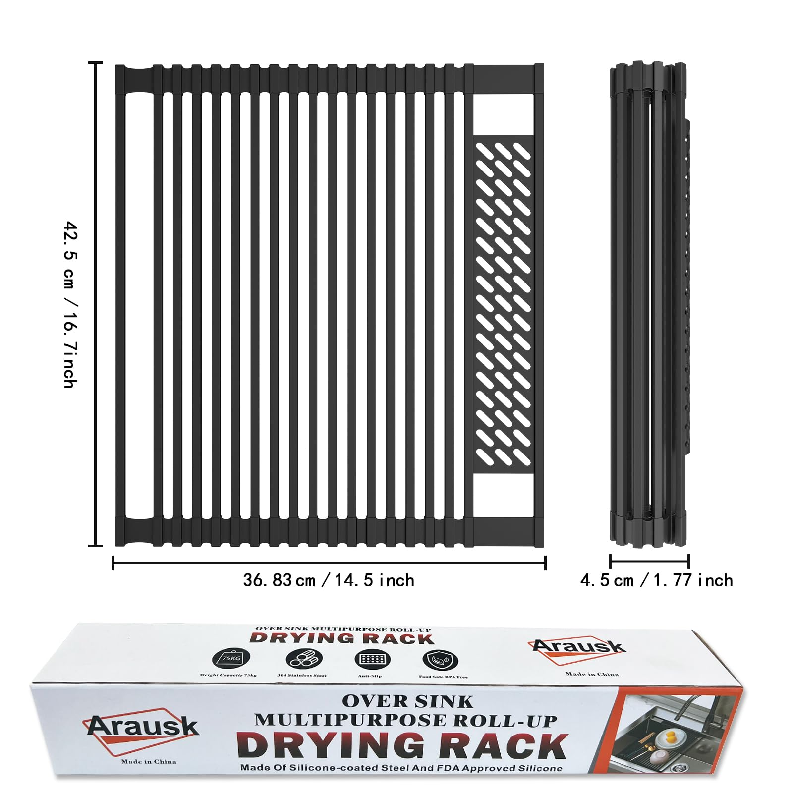 Arausk 16.7" x 14.5" Roll up Dish Drying Rack Silicone Coated Portable Dish Rack Dish Drainer Foldable Stainless Steel Over Sink Kitchen Drainer Rack for Cups Vegetables (XL)