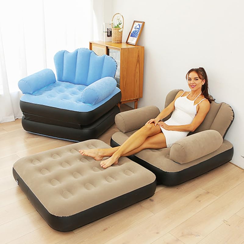 KAERMU Inflatable Sofa with Air Pump Outdoor Adult Lazy Sofa Multifunctional Five in One Inflatable Bed Convenient Foldable Lounge Chair,PVC Flocking,Perfect for Relaxing and Reading(Blue)