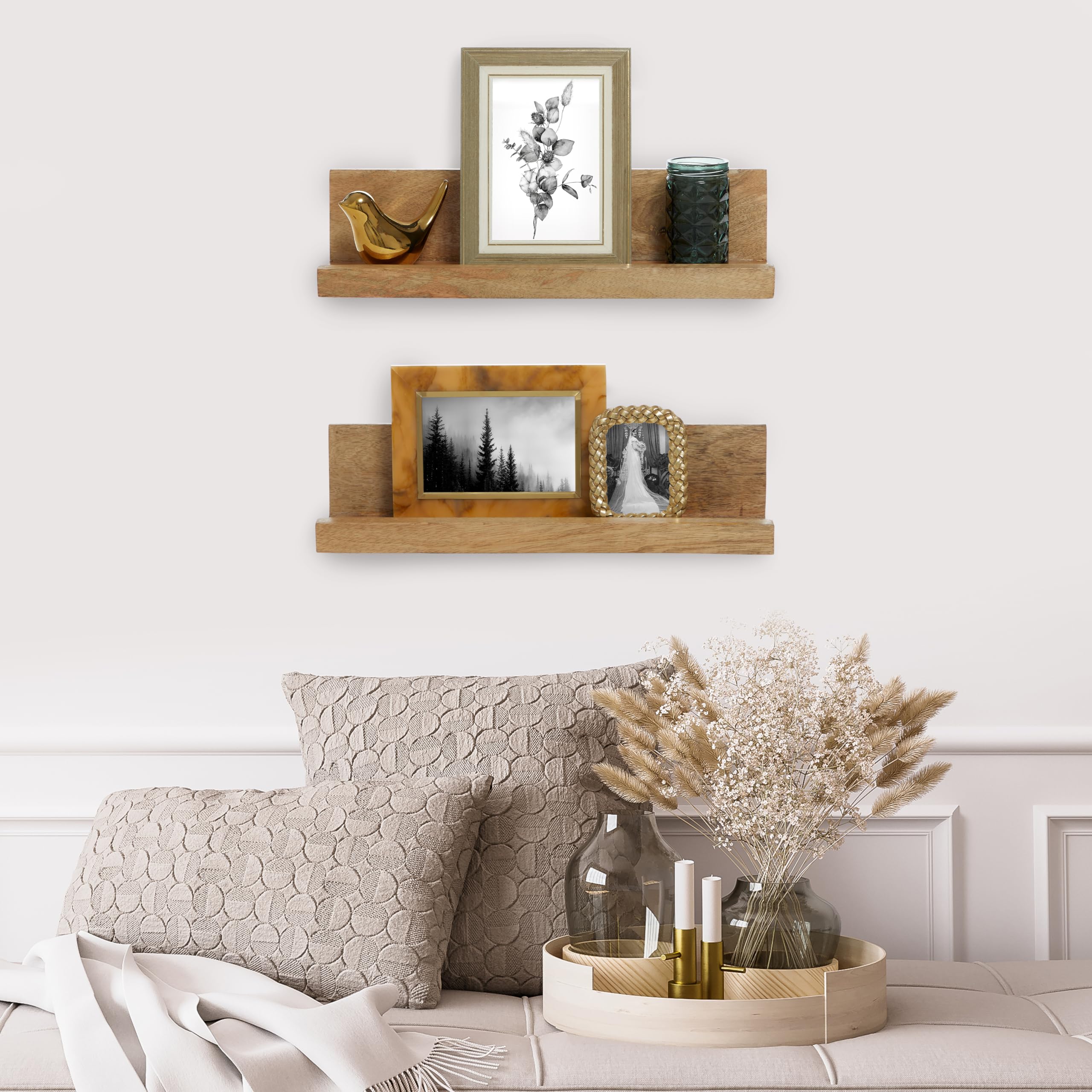 Camden Reed Set of 2-16 Inch Floating Mango Wood Wall Shelves, Storage for Kitchen, Living Room, Bathroom or Office, Natural Finish